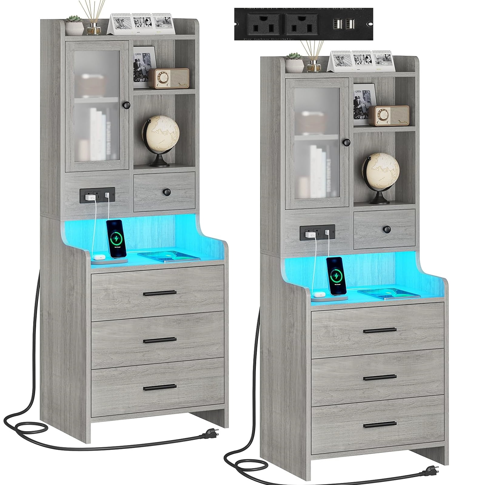 LED Nightstand Set of 2 with Charging Station and 3 Drawers, Grey Night ...