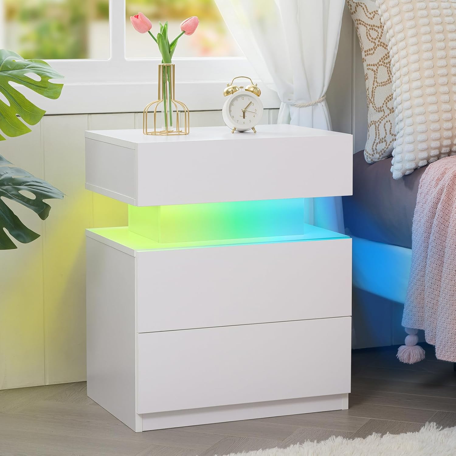 LED Nightstand White Modern Night Stand with 3 Drawers LED Bedside ...