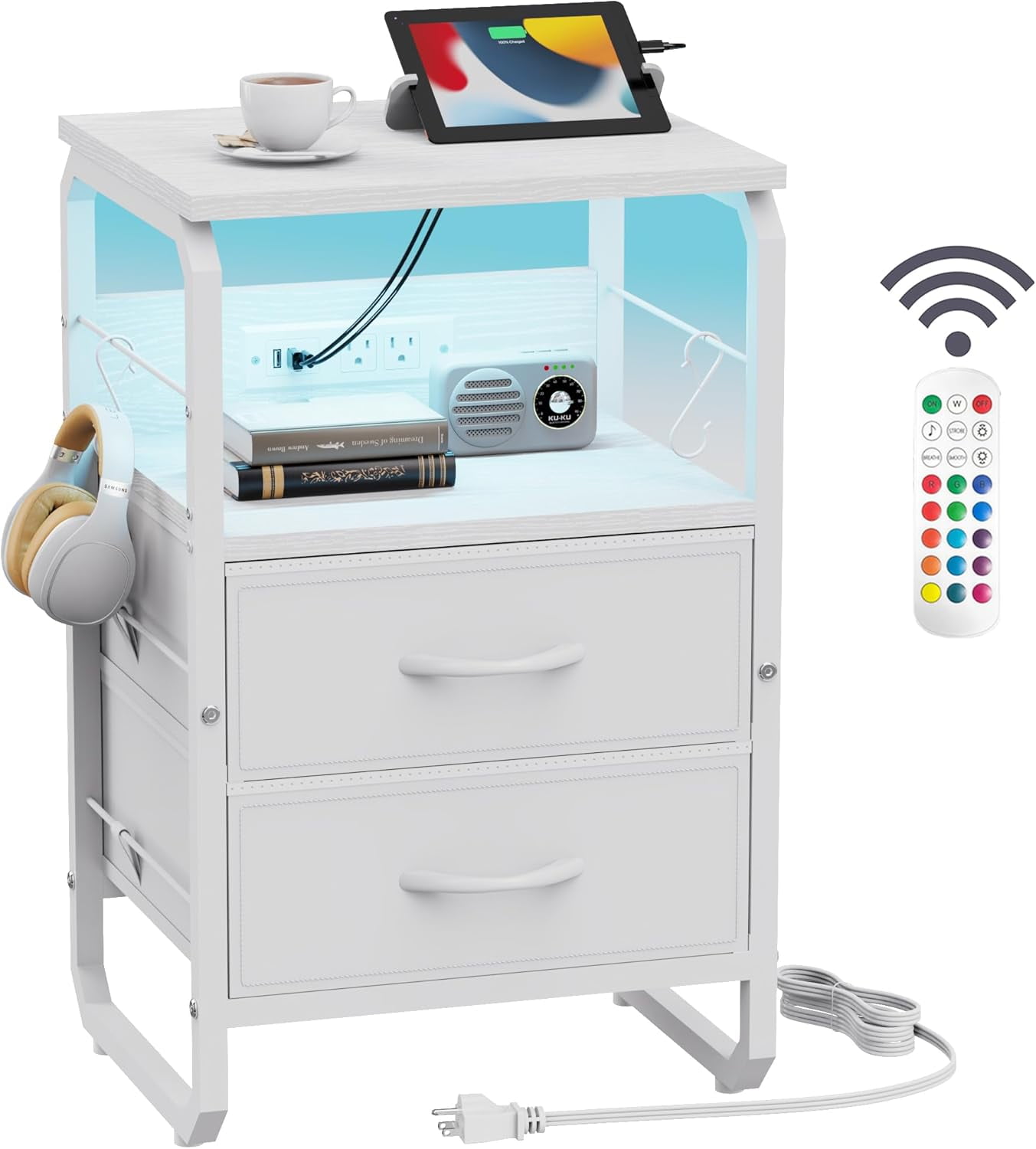 LED Nightstand, White Night Stand with Charger Station, Bed Side Table ...