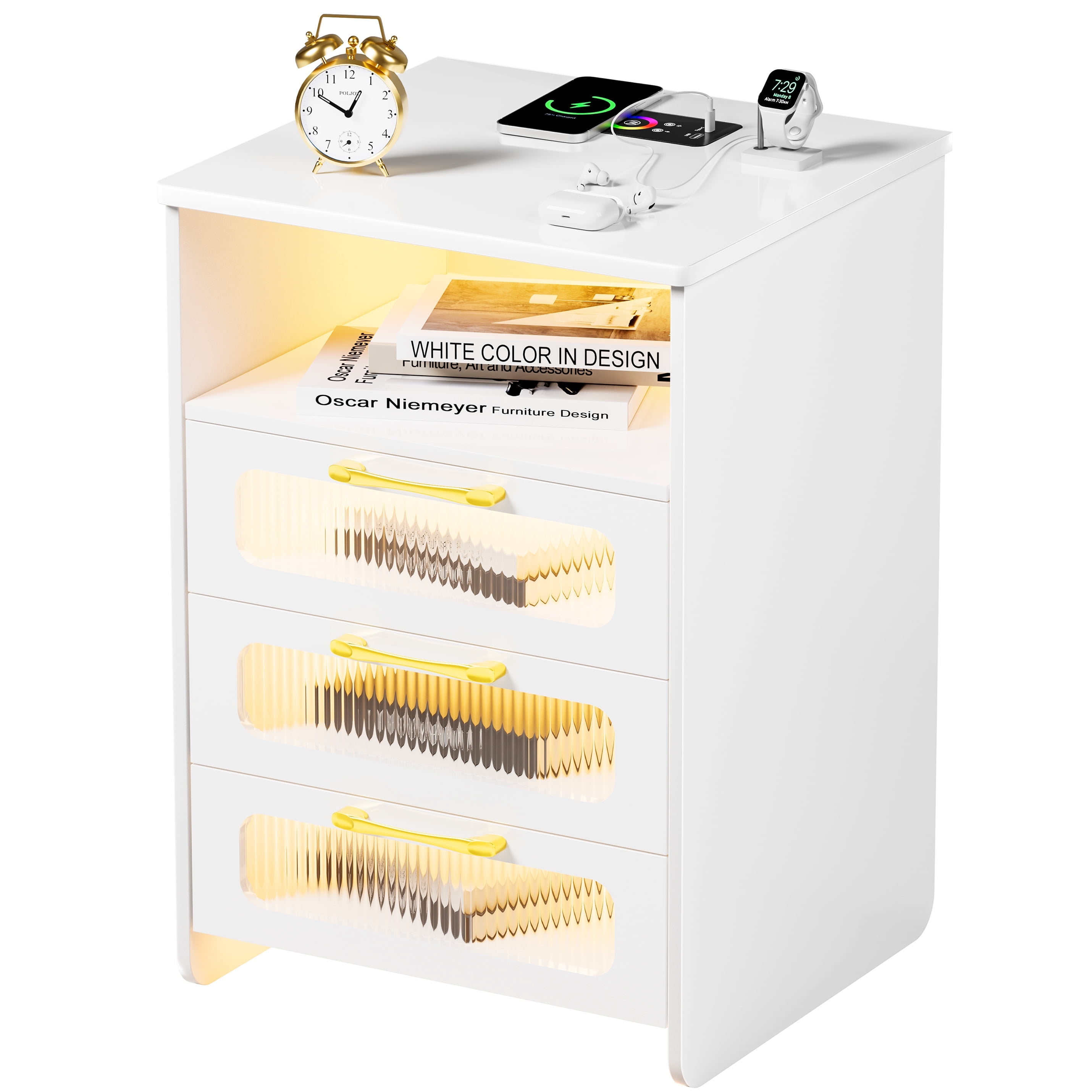 LED Nightstand with Wireless Charging Station, 3 Drawer Modern Bedside ...