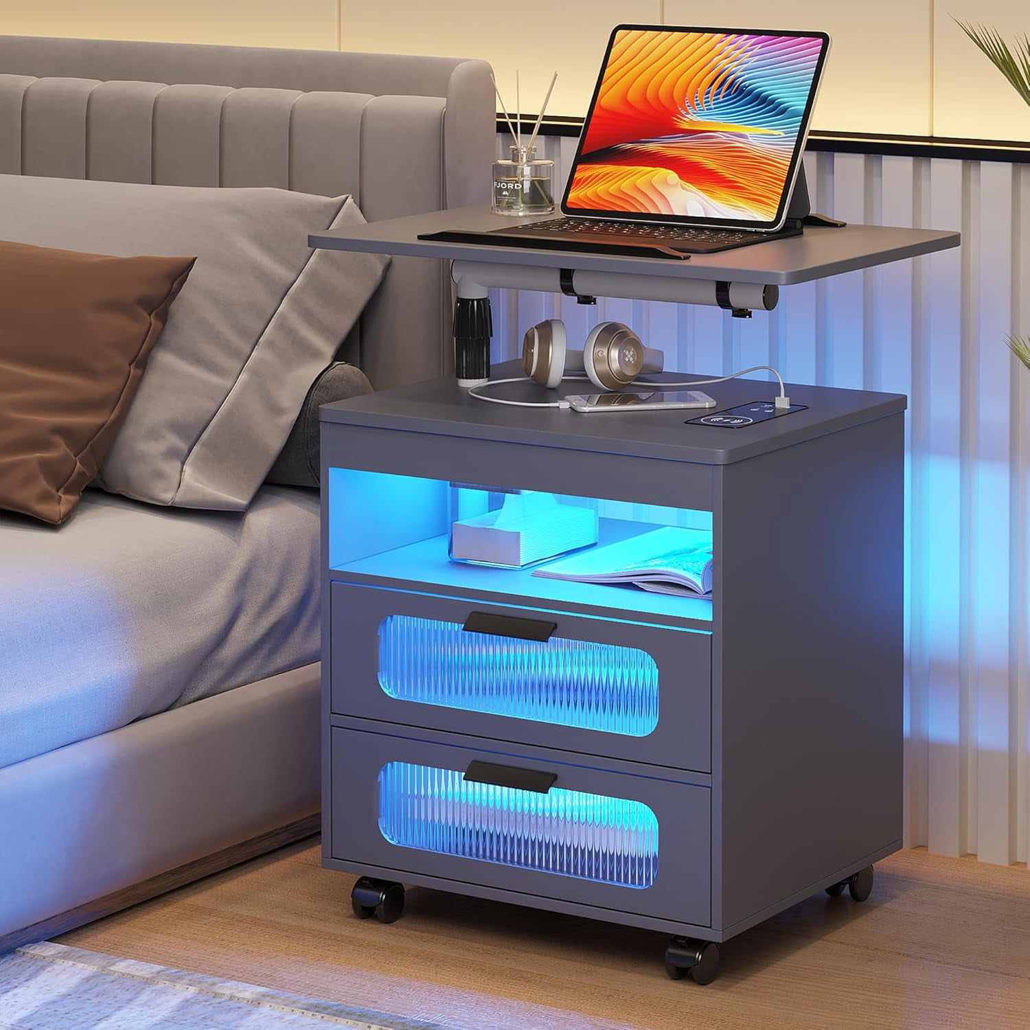 LED Nightstand with Wireless Charging Station, Bedroom Bedside Table ...