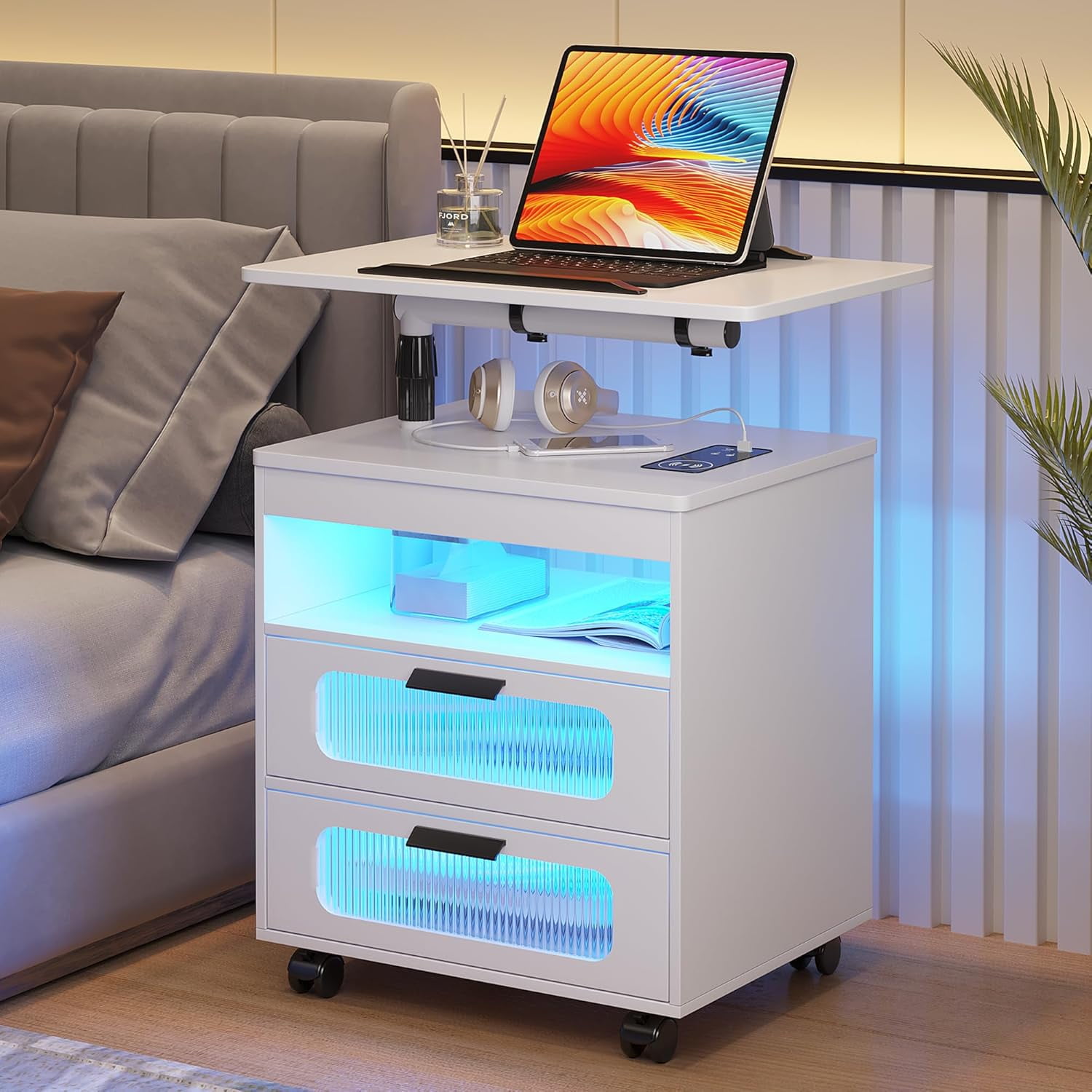 LED Nightstand with Wireless Charging Station, Bedroom Bedside Table ...