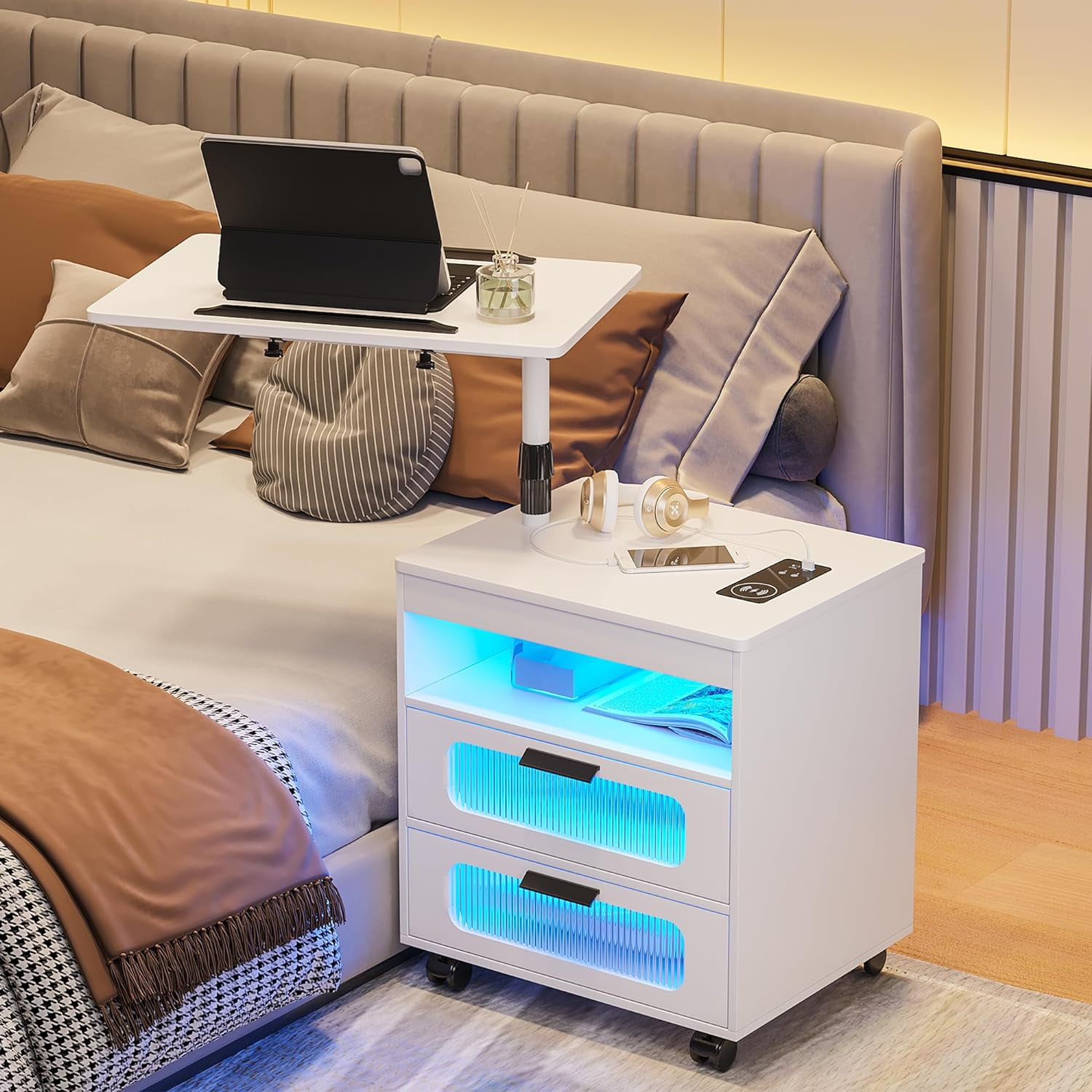 LED Nightstand with Wireless Charging Station, Bedroom Night Stand with ...
