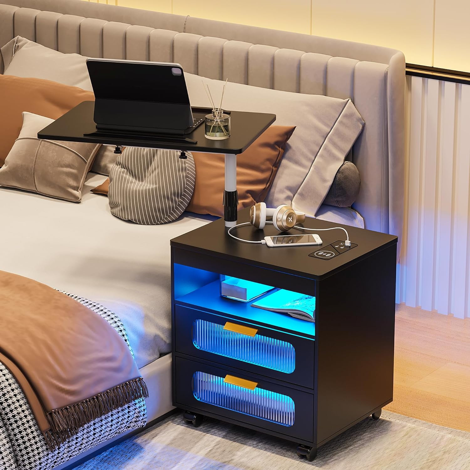 LED Nightstand with Wireless Charging Station, Bedroom Night Stand with ...