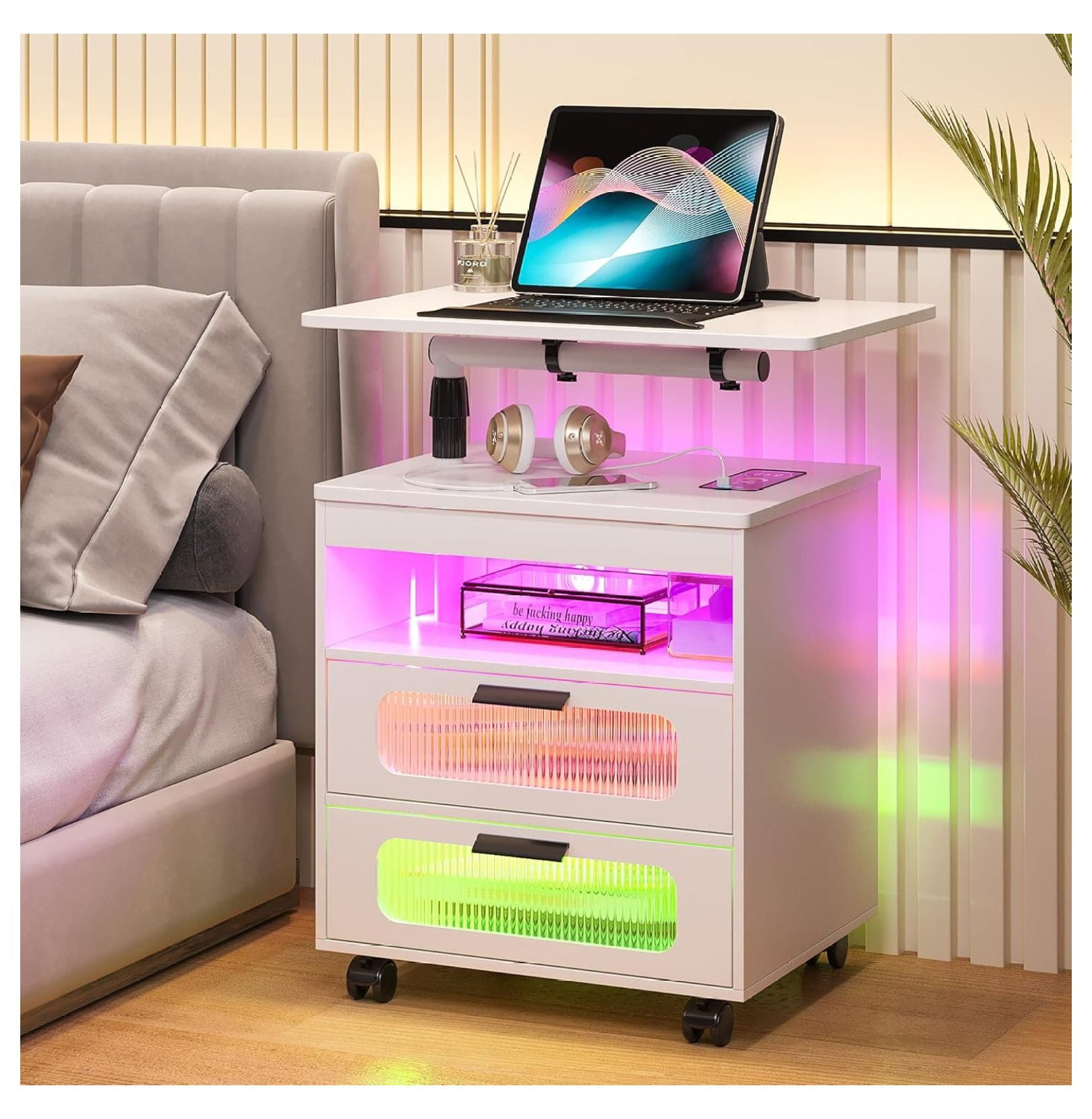 LED Nightstand with Wireless Charging Station, Modern Bed Side Table ...