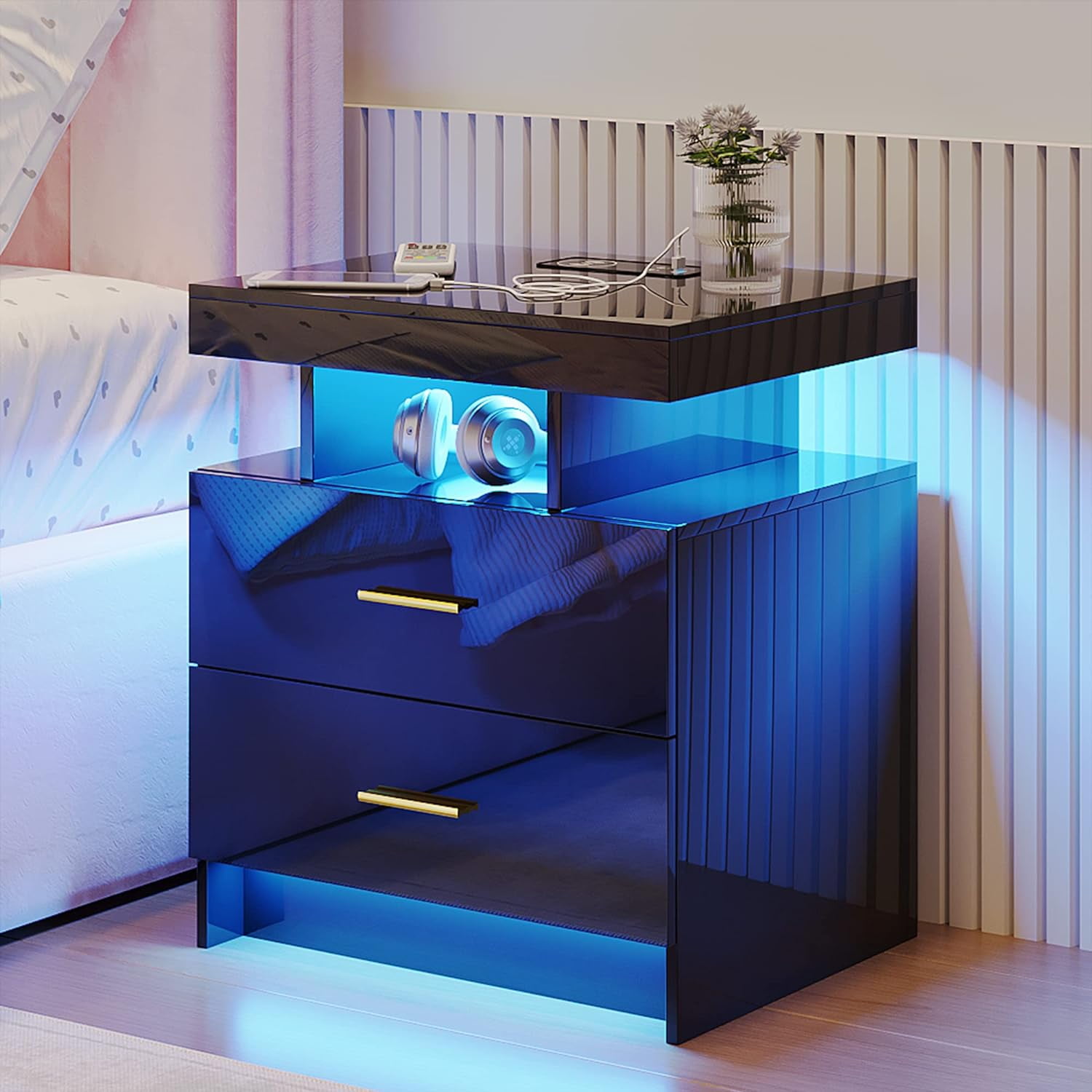 LED Nightstand with Wireless Charging Station & USB Charging Ports, 3 ...