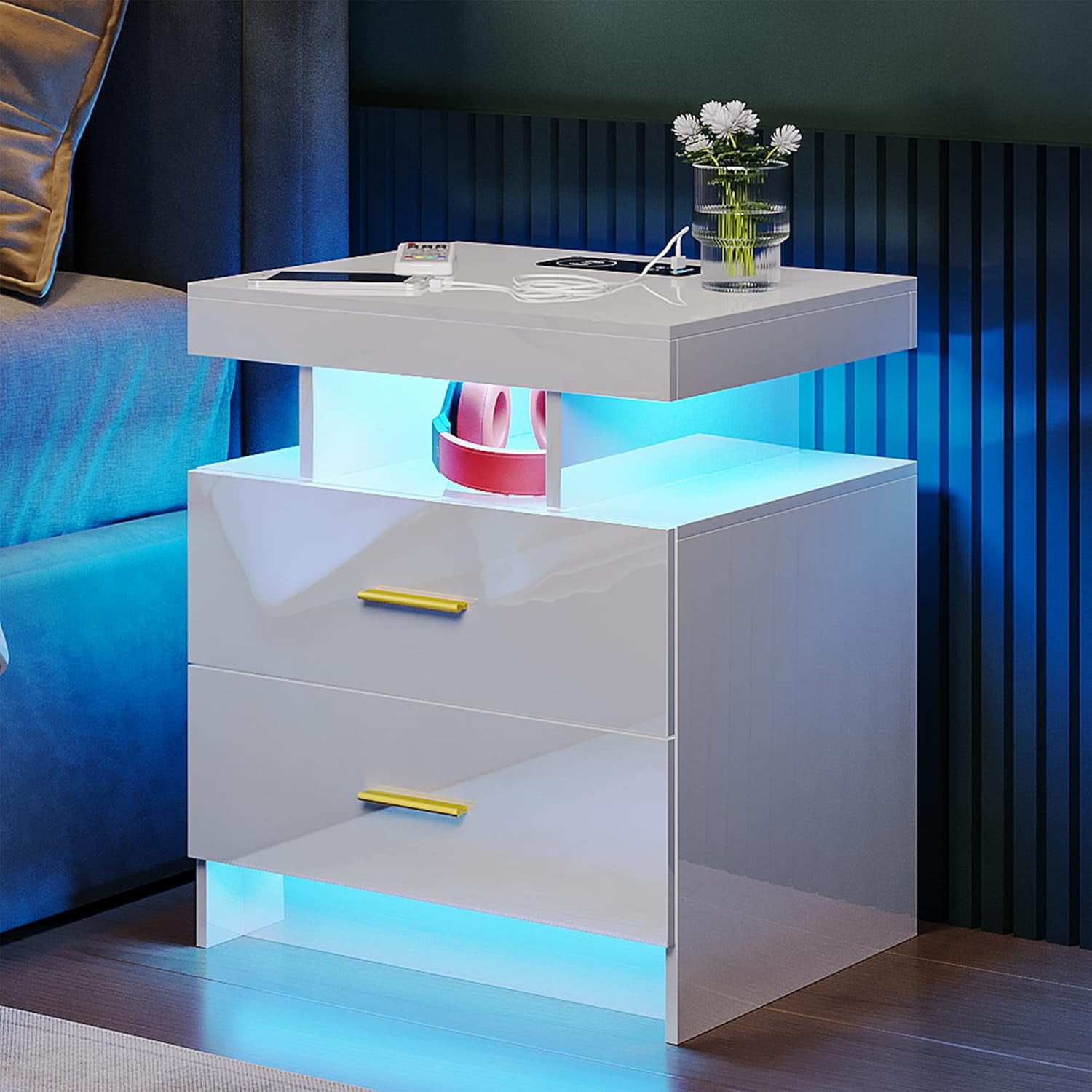 LED Nightstand with Wireless Charging Station & USB Charging Ports, 3 ...