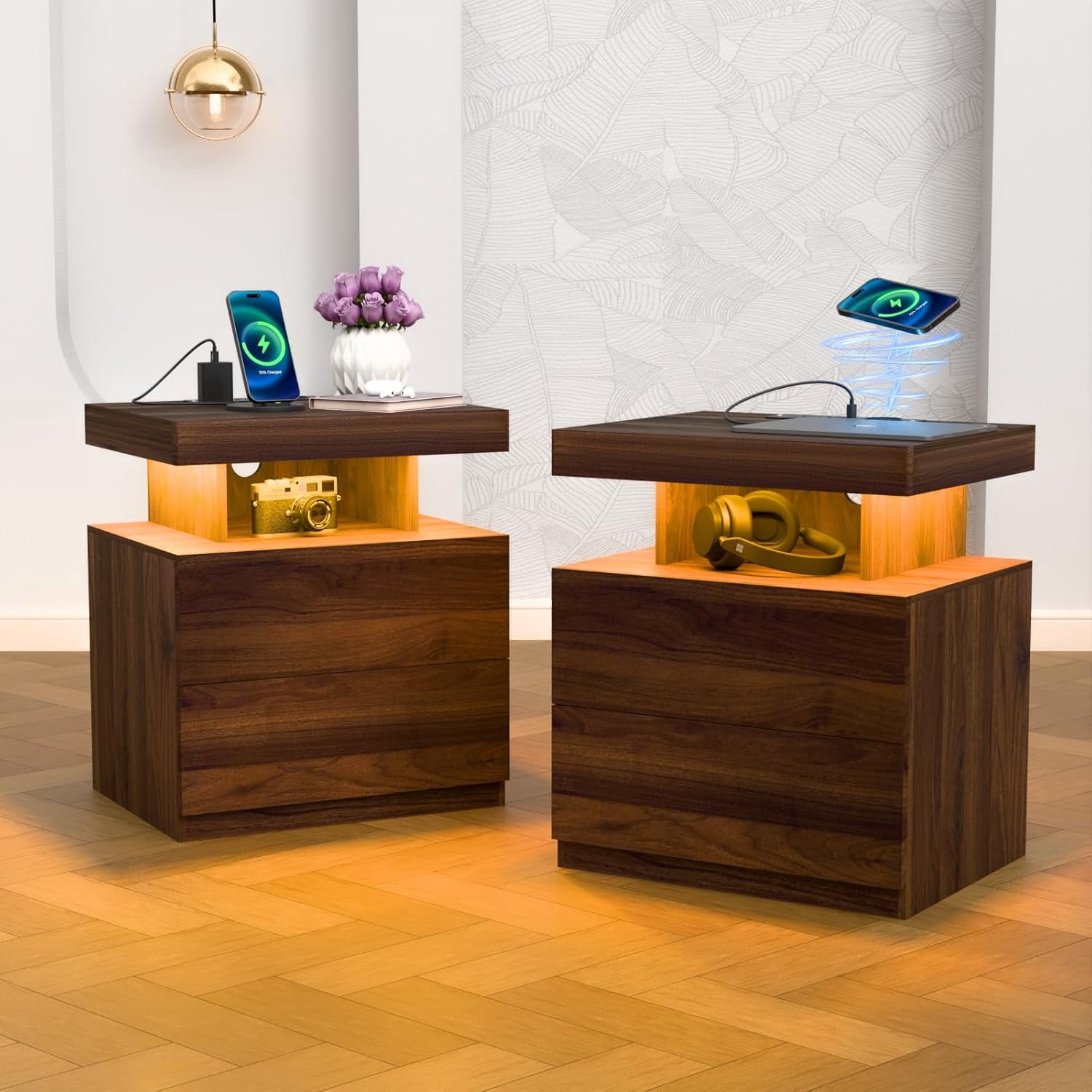 LED Nightstand with Wireless Charging Station & USB Ports Modern ...