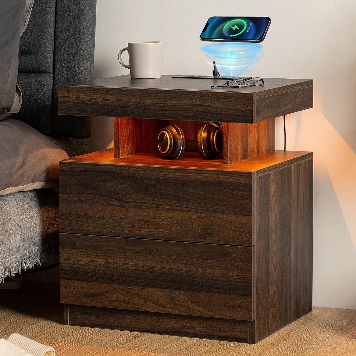 LED Nightstand with Wireless Charging Station & USB Ports Modern ...