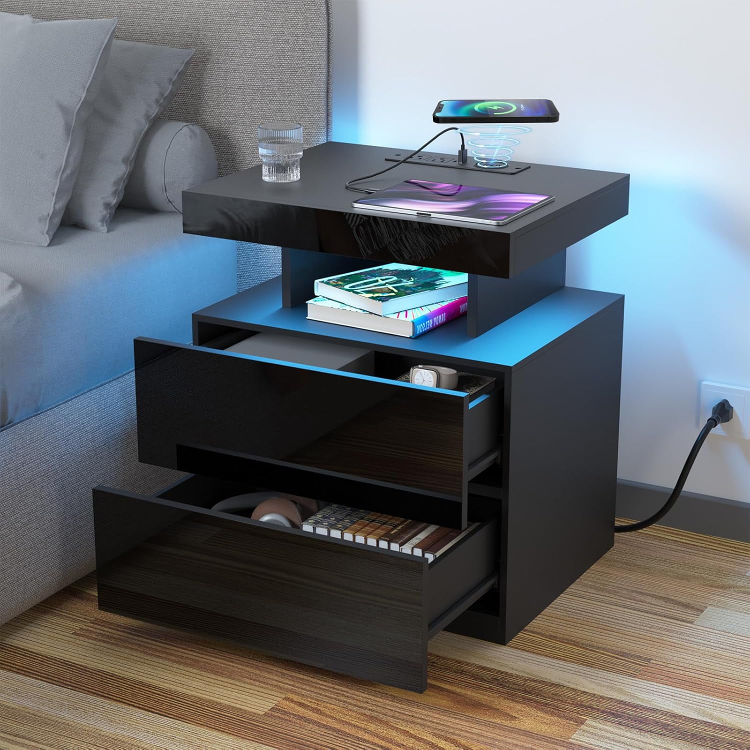 LED Nightstand with Wireless Charging Station & USB Ports Modern ...