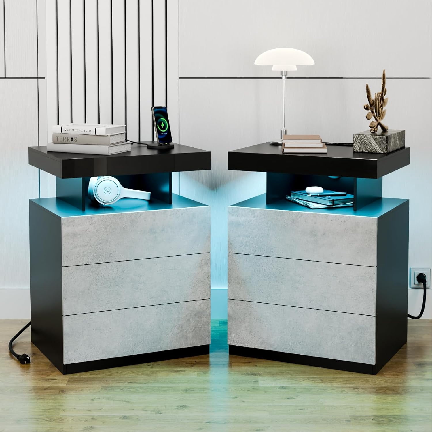 LED Nightstand with Wireless Charging Station & USB Ports Modern ...