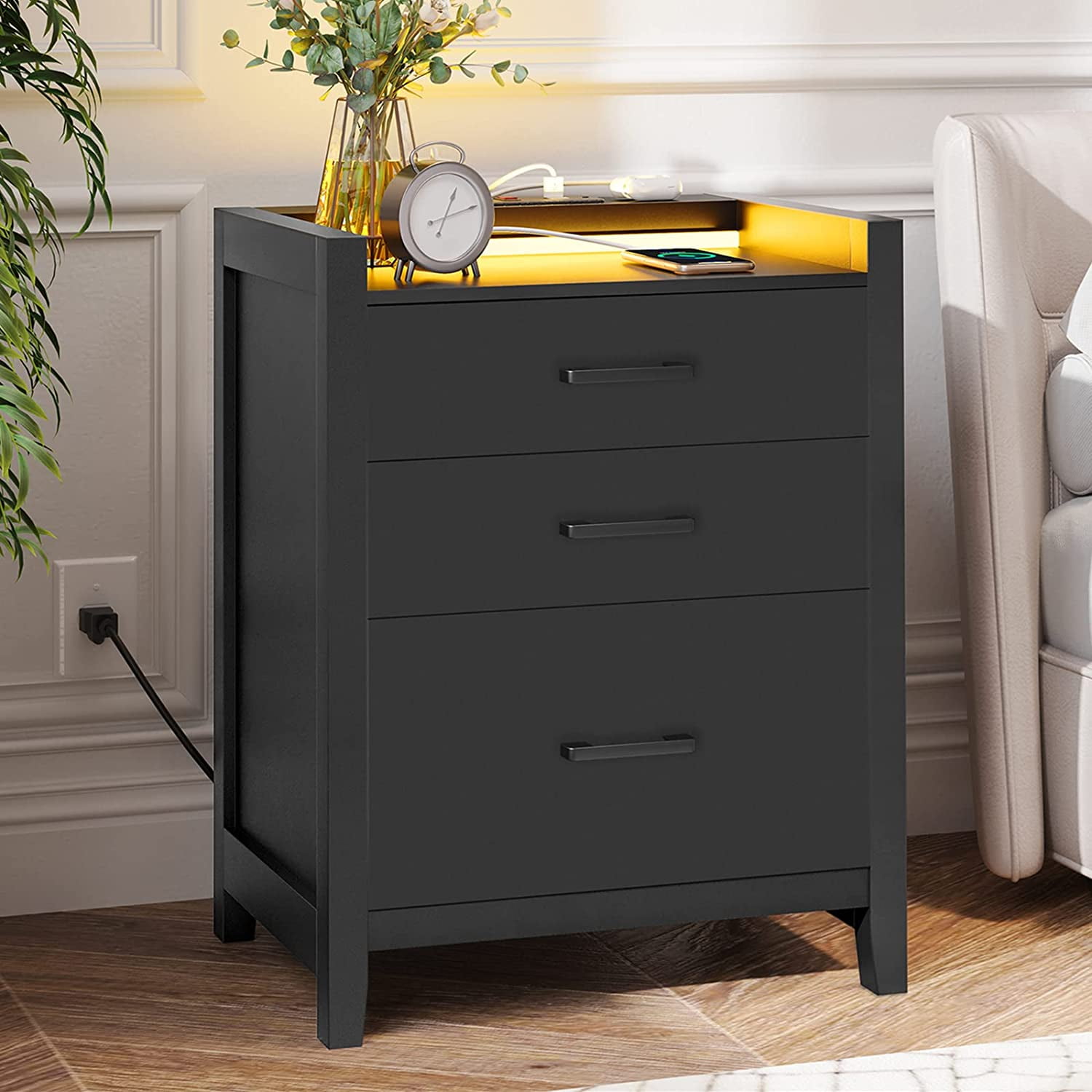 LED Nightstand for Bedroom with LED Lights and Charging Station, 3 ...