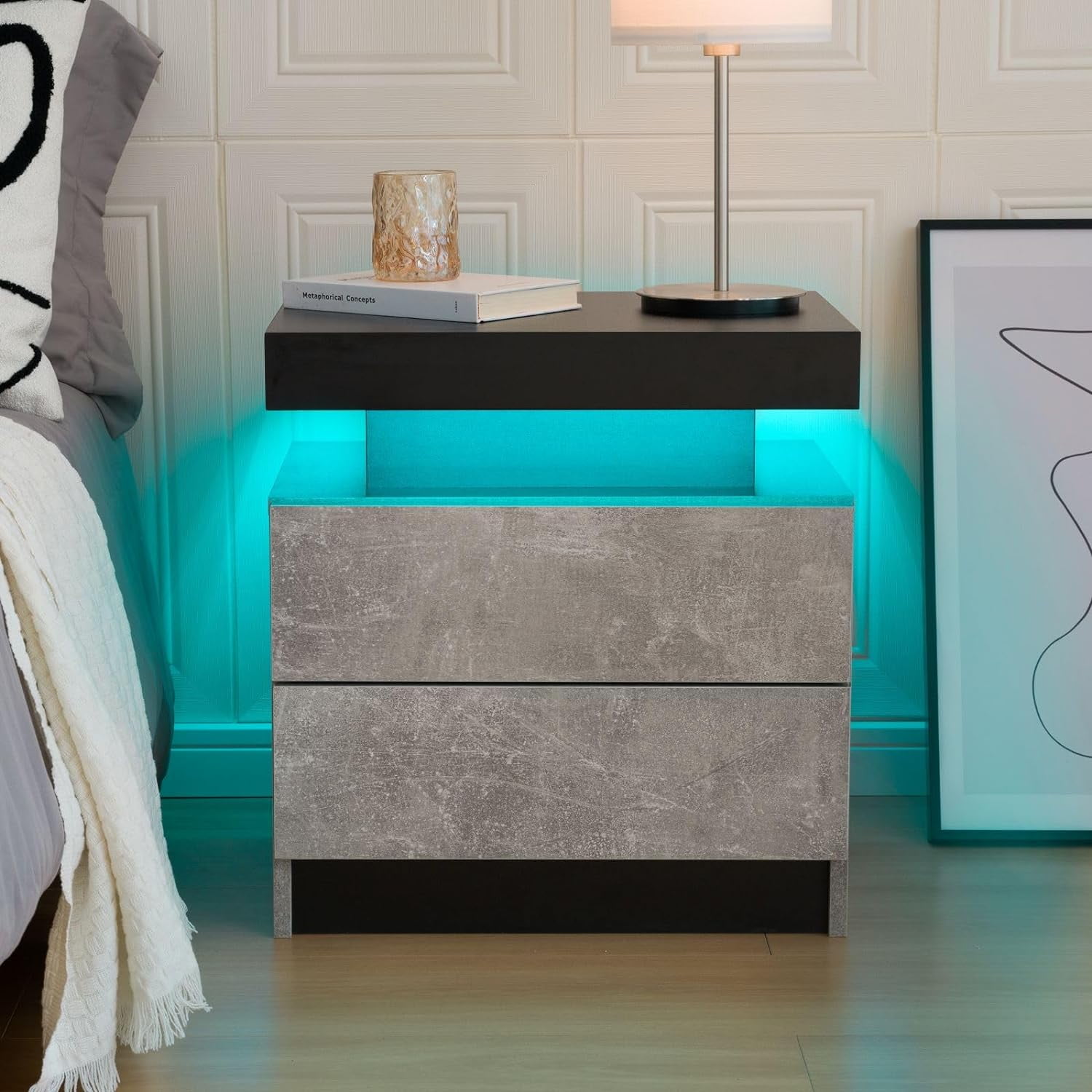 LED Nightstand with 2 Drawers, Bedside Table with Drawers for Bedroom ...