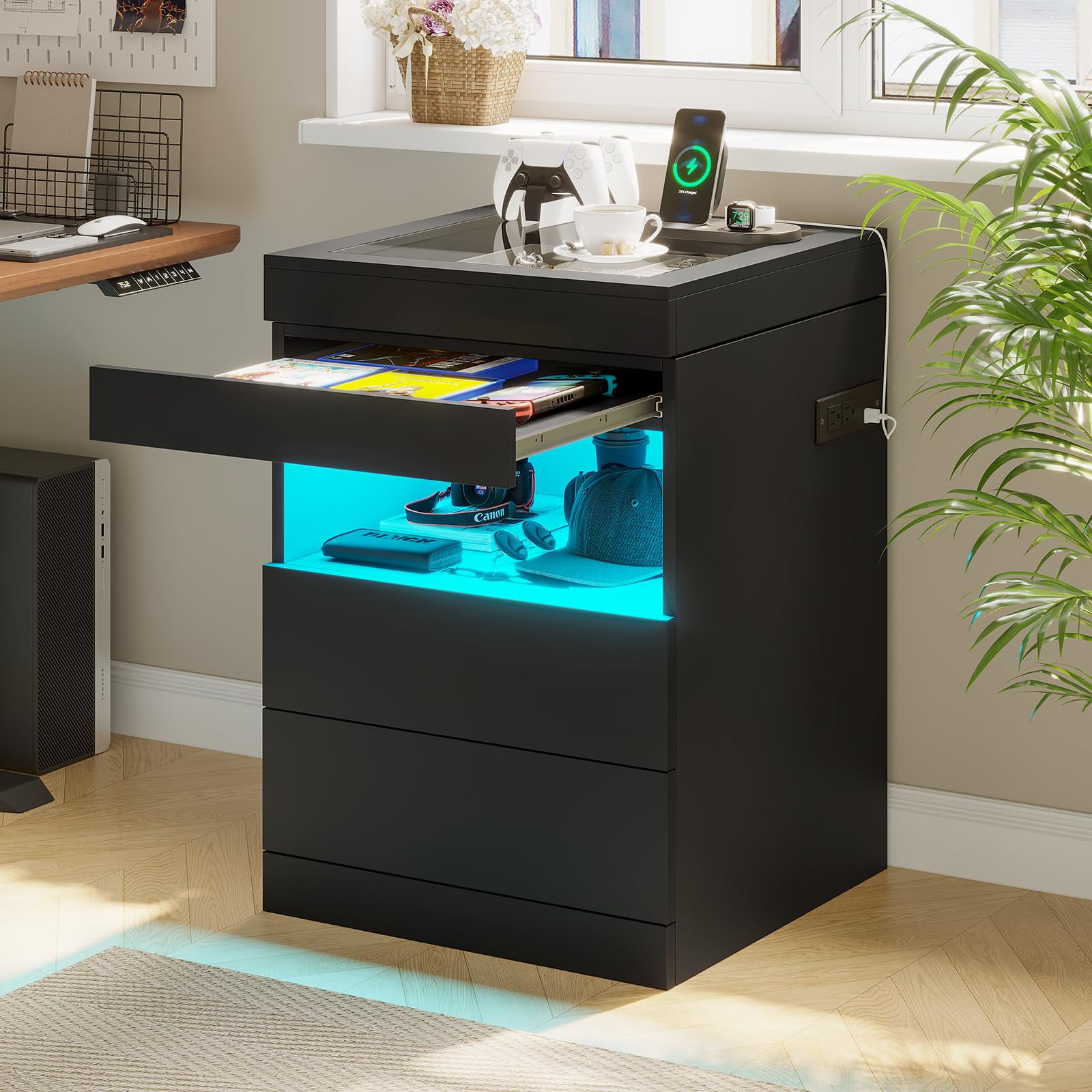 LED Nightstand, 2 Drawers, USB Ports, LED Lights, Pull-Out Tray ...