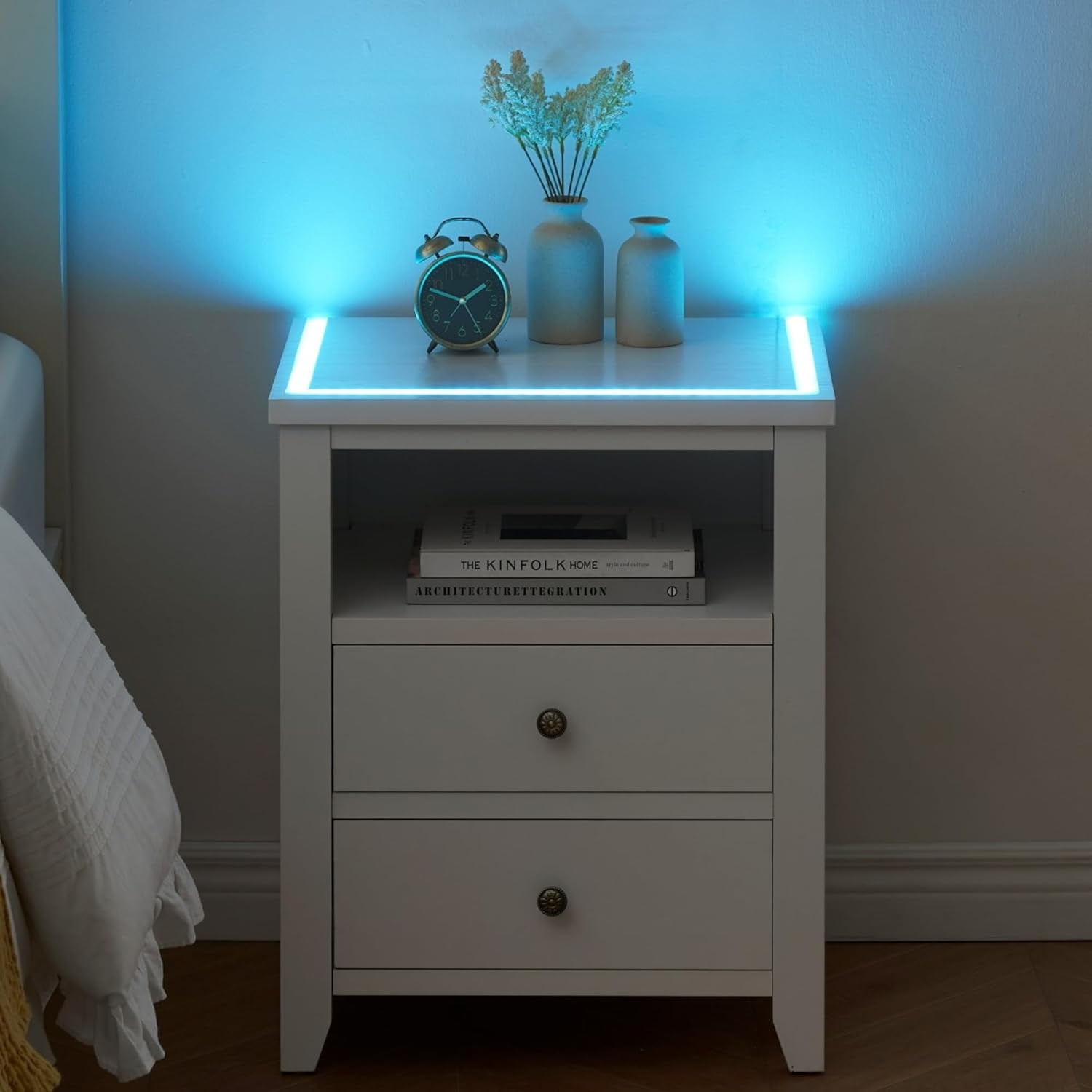 LED Nightstand with 2 Drawers, Modern Night Stand with LED Lights and ...