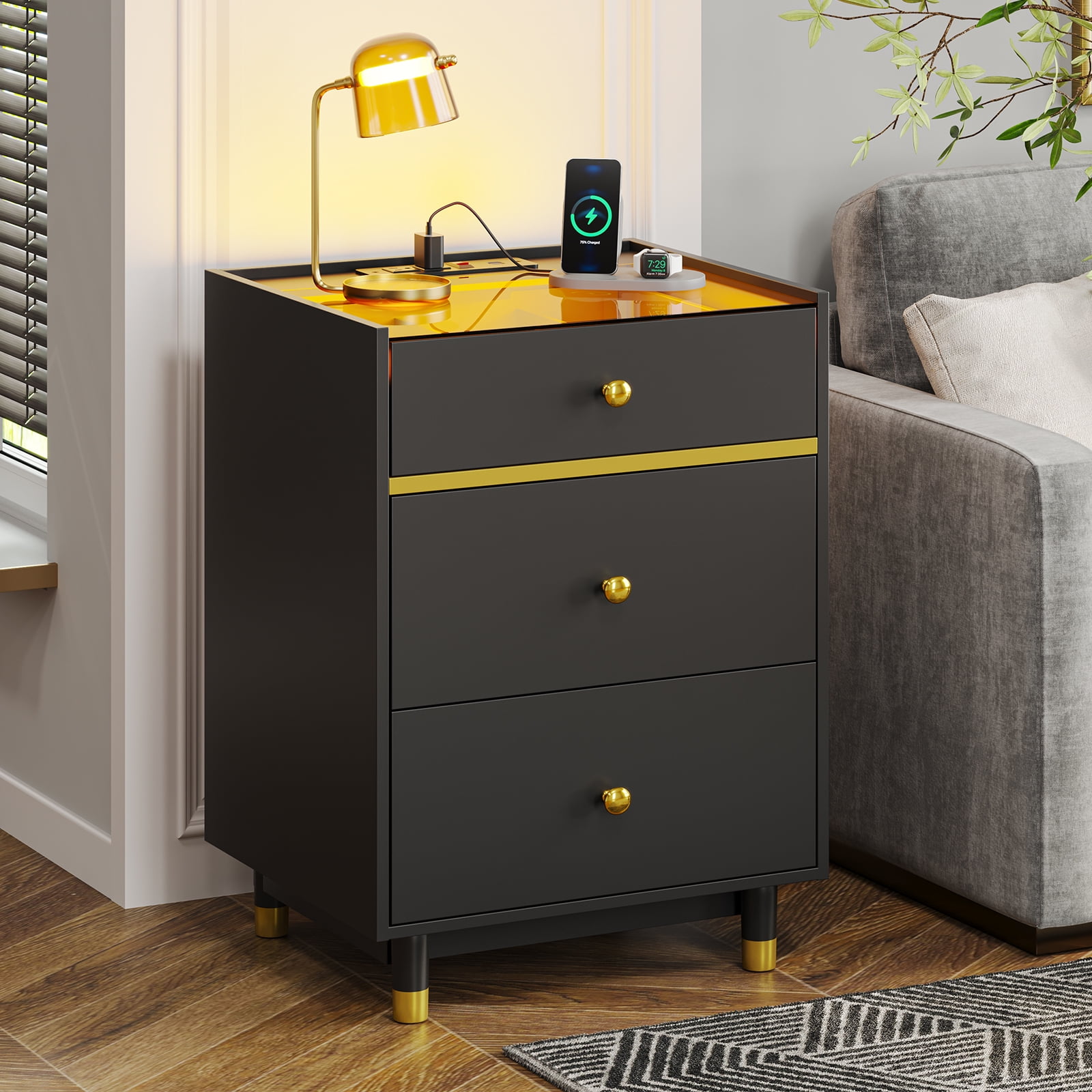 LED Nightstand with 2 USB Ports and 2 AC Outlets for Bedroom,Night ...