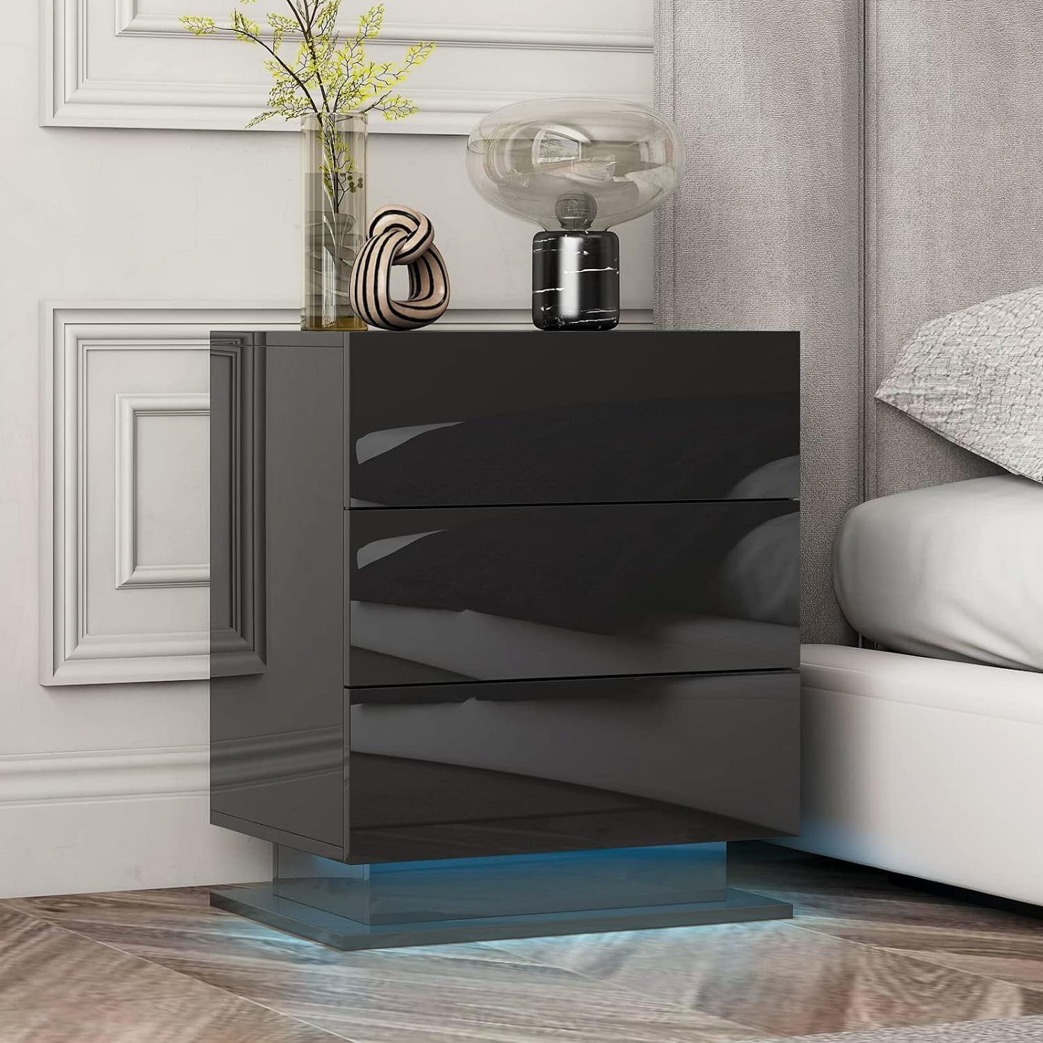 LED Nightstand with 3 Drawers, Modern Black Bedside Table, High Gloss ...