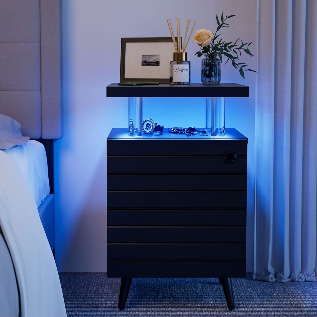 LED Nightstand with 4 Acrylic Columns and Drawers for Bedroom Black ...