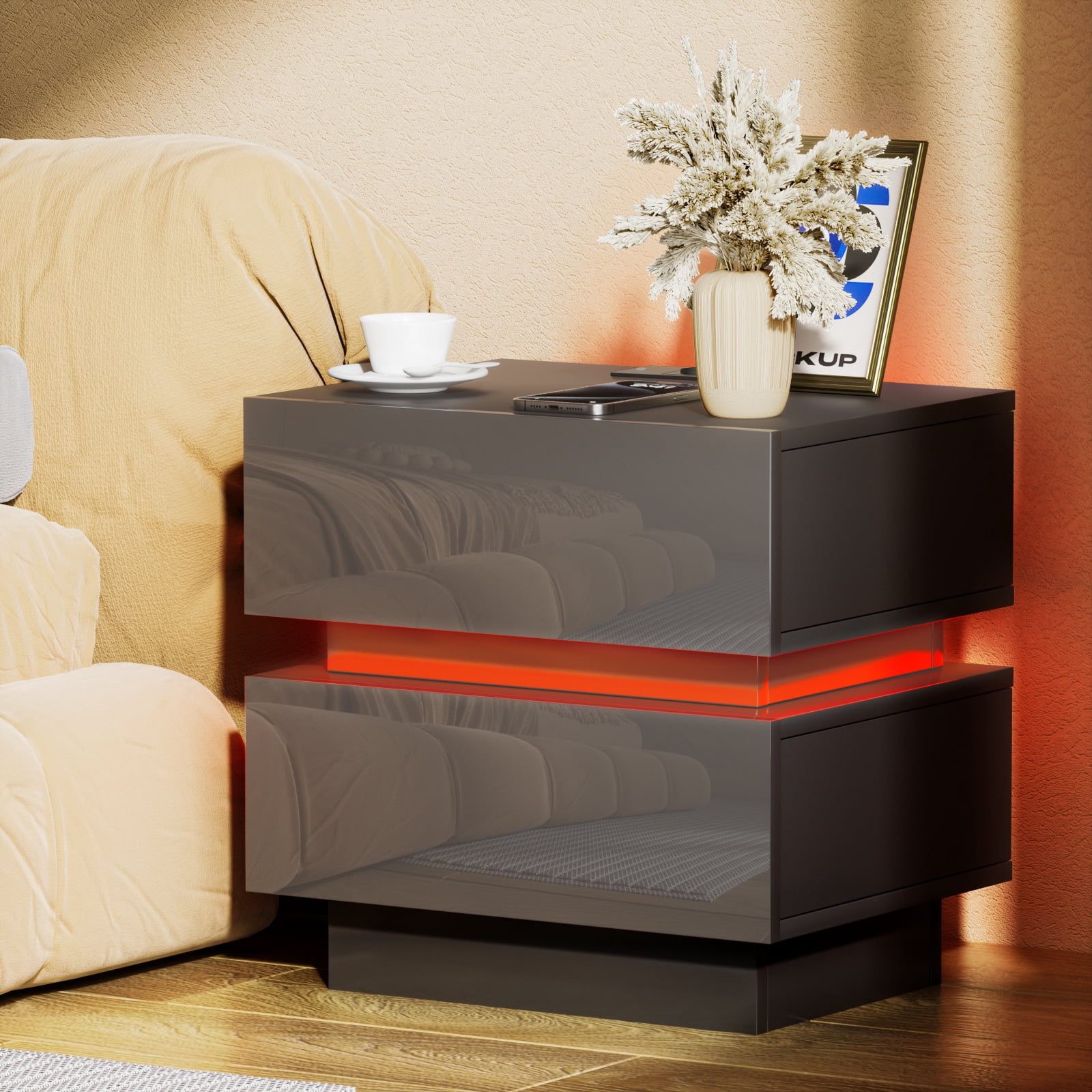 LED Nightstand with Charging, 2-Drawer Set, USB & Outlet, High-Gloss ...