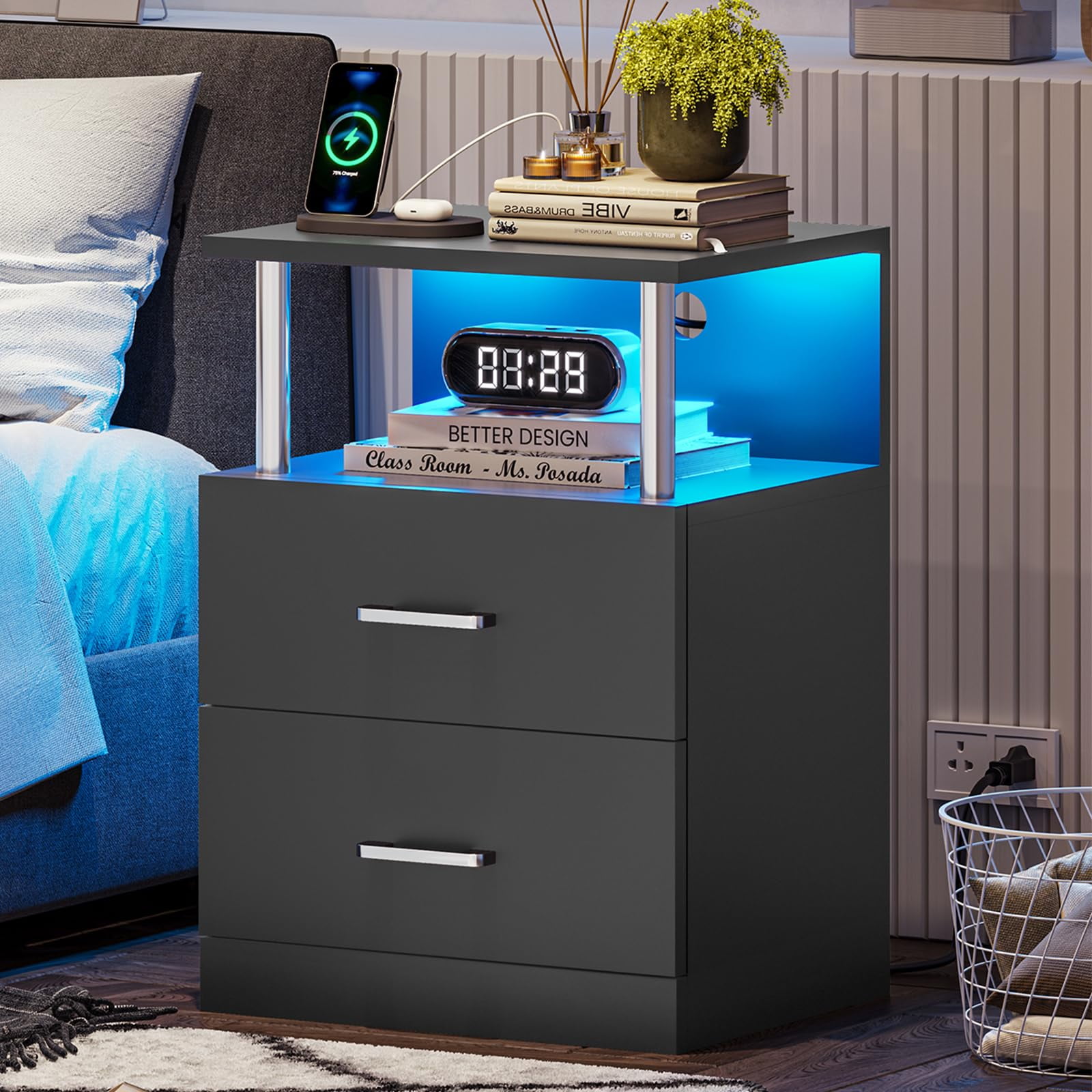 LED Nightstand with Charging Station, 2 USB Ports & AC Outlets, RGB ...