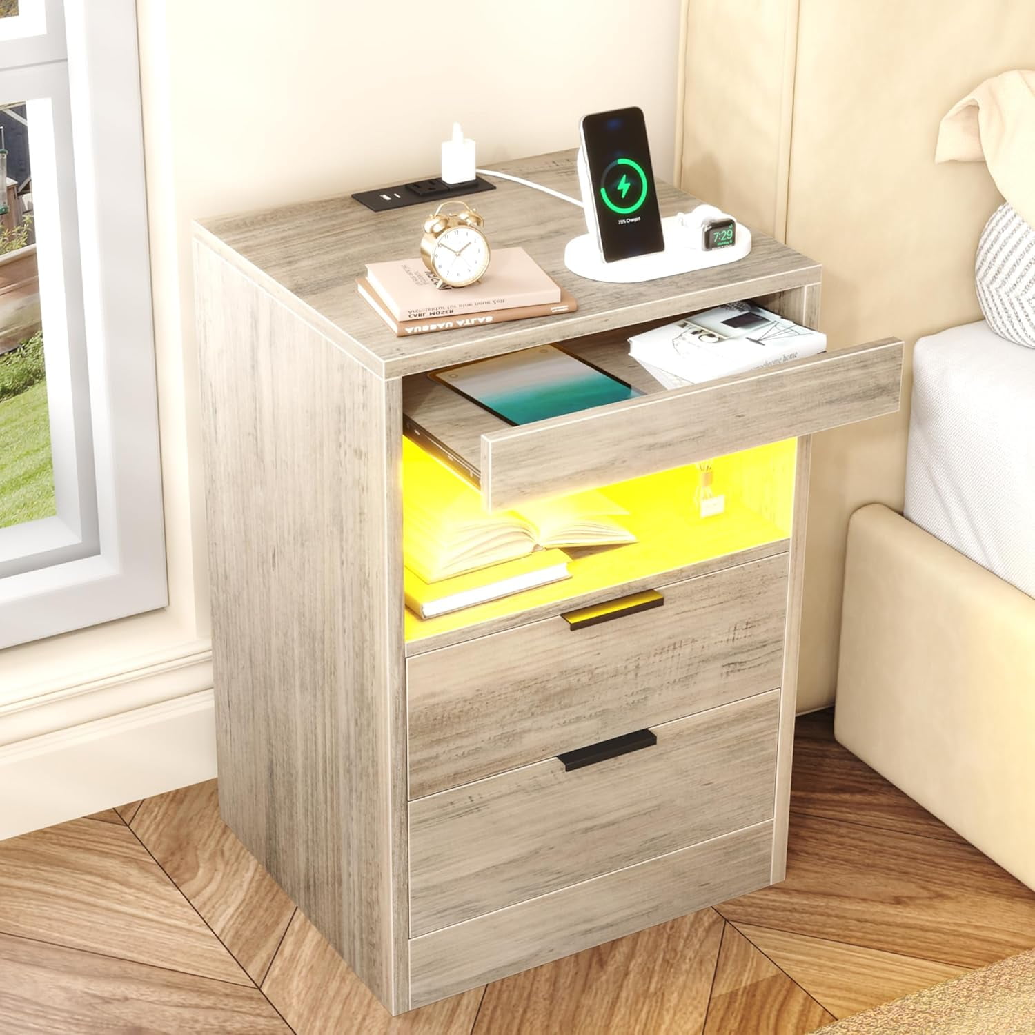 LED Nightstand with Charging Station, Bedside Table with 3 Drawers and ...