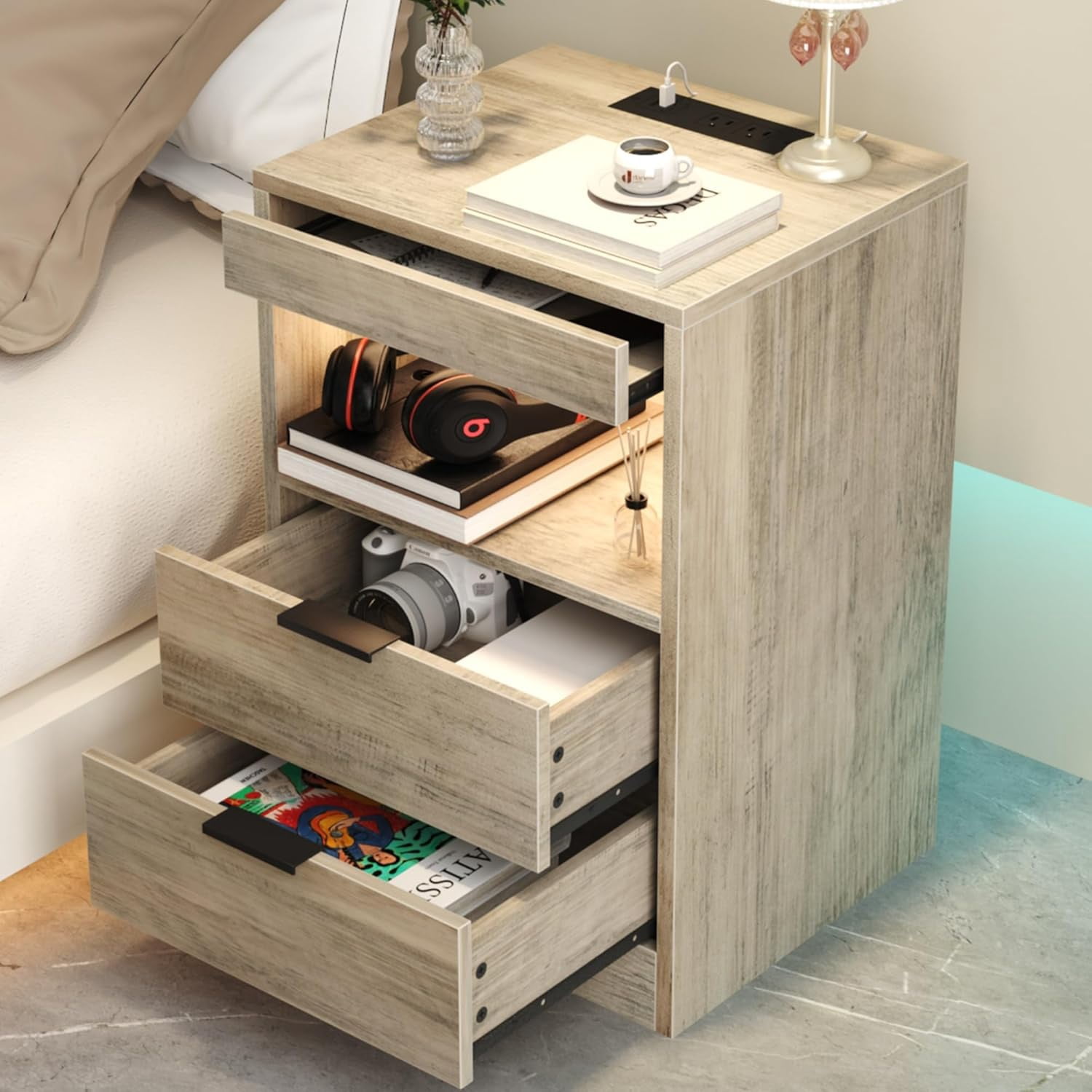 LED Nightstand with Charging Station, Bedside Table with 3 Drawers and ...