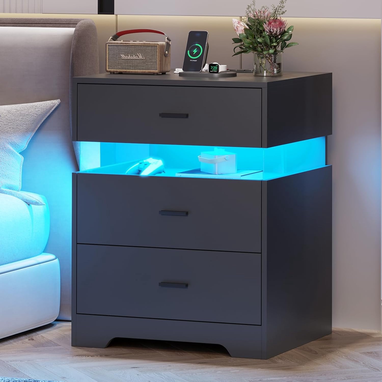 LED Nightstand with Charging Station, Black Night Stand with LED Lights ...