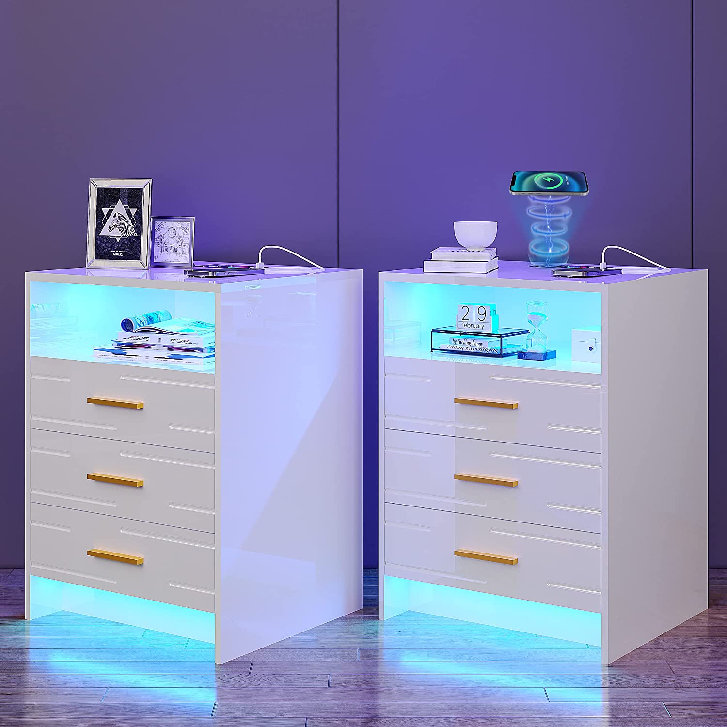HNEBC LED Nightstand Set of 2 with USB Power Charger, High Gloss ...