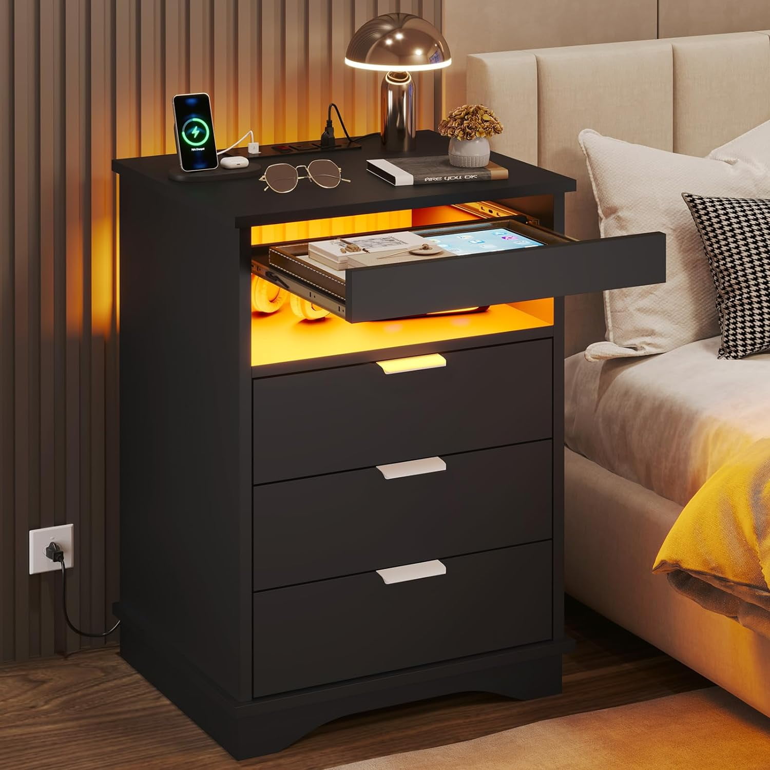 LED Nightstand with Charging Station, Night Stand with 3 Drawers & Open ...