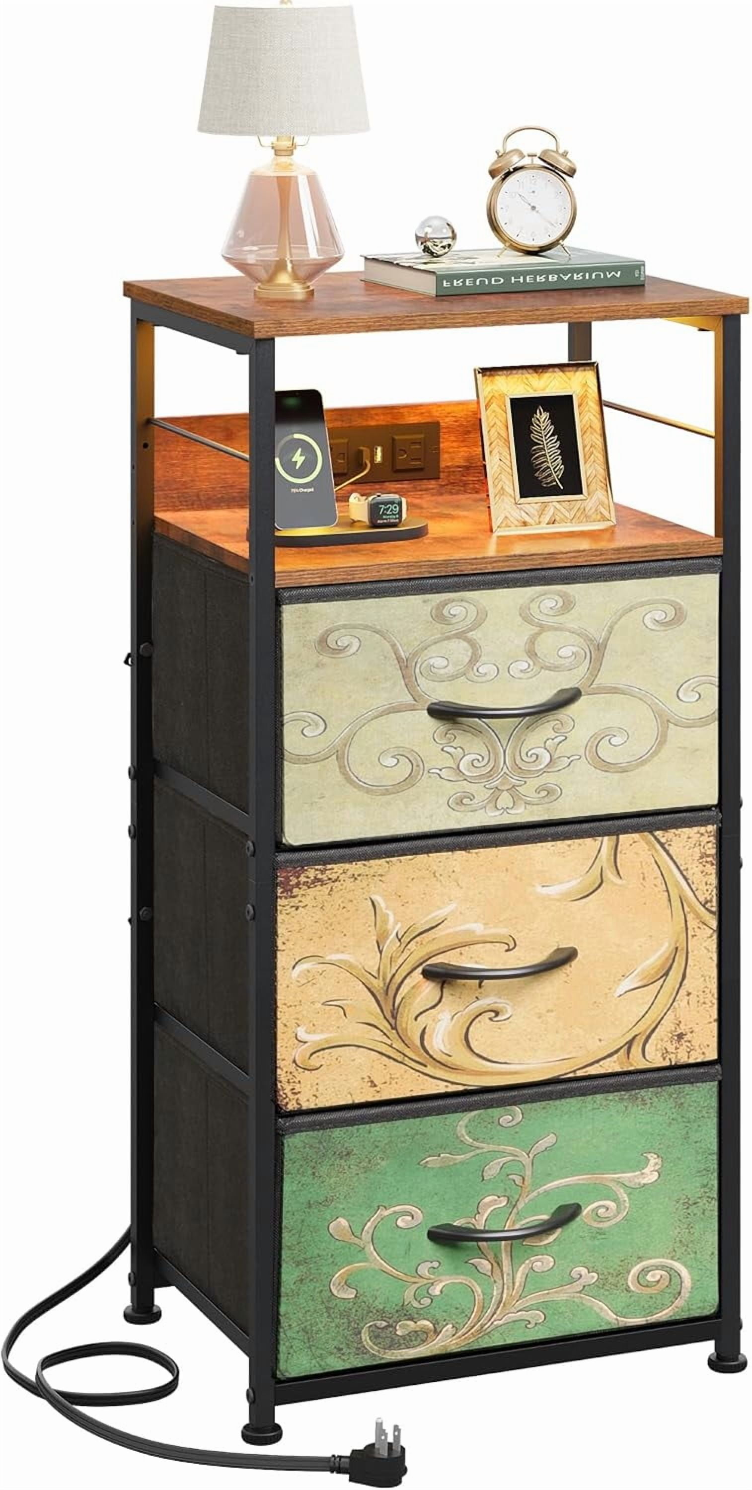 LED Nightstand with Charging Station, Night Stand with 3 Fabric Drawers ...