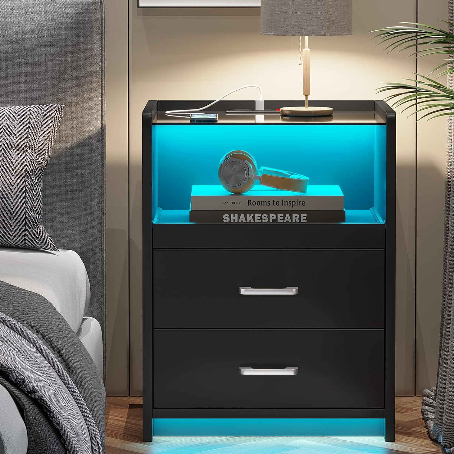 LED Nightstand with Charging Station Night Stand with Pull-Out 2 ...