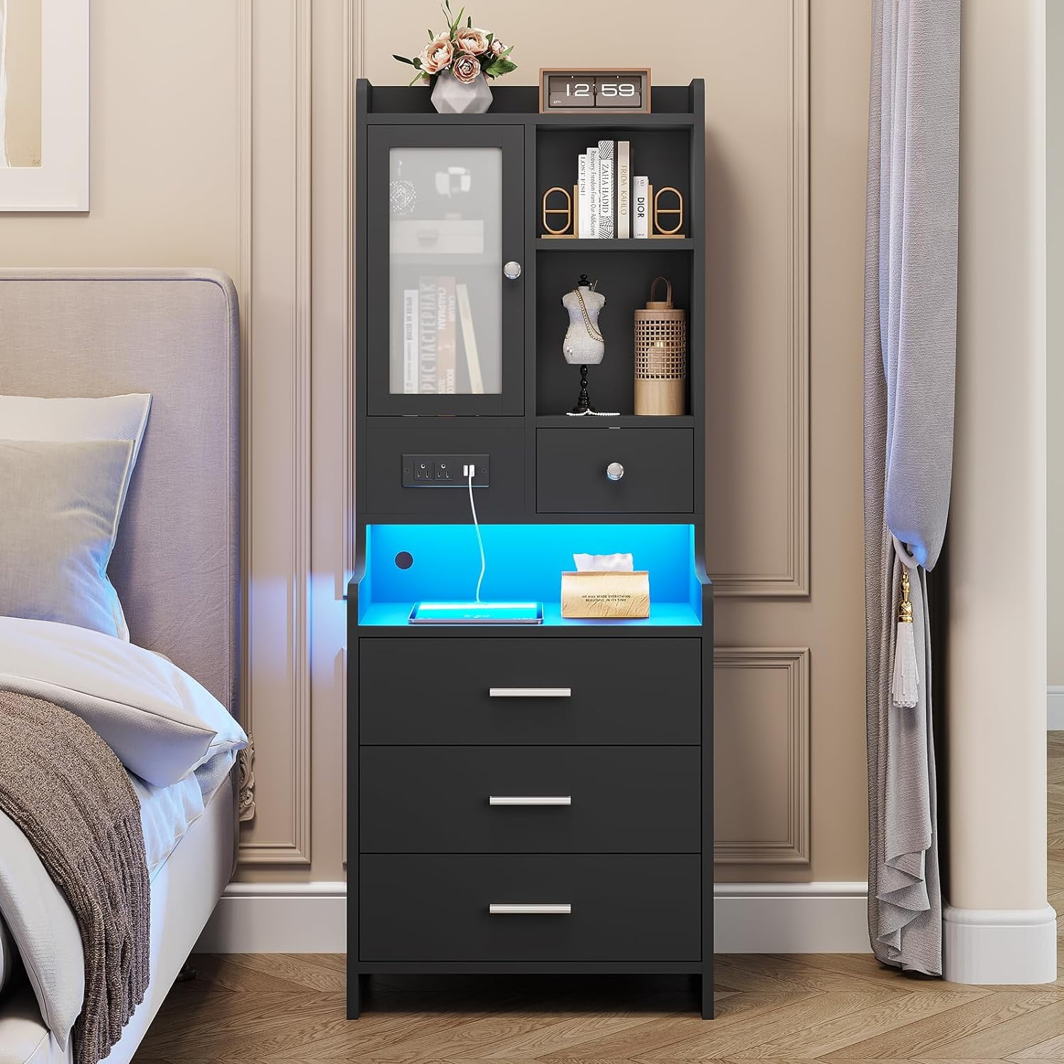 Walmart LED Nightstand with 3 Drawers, Shelves, USB Ports & Outlets ...