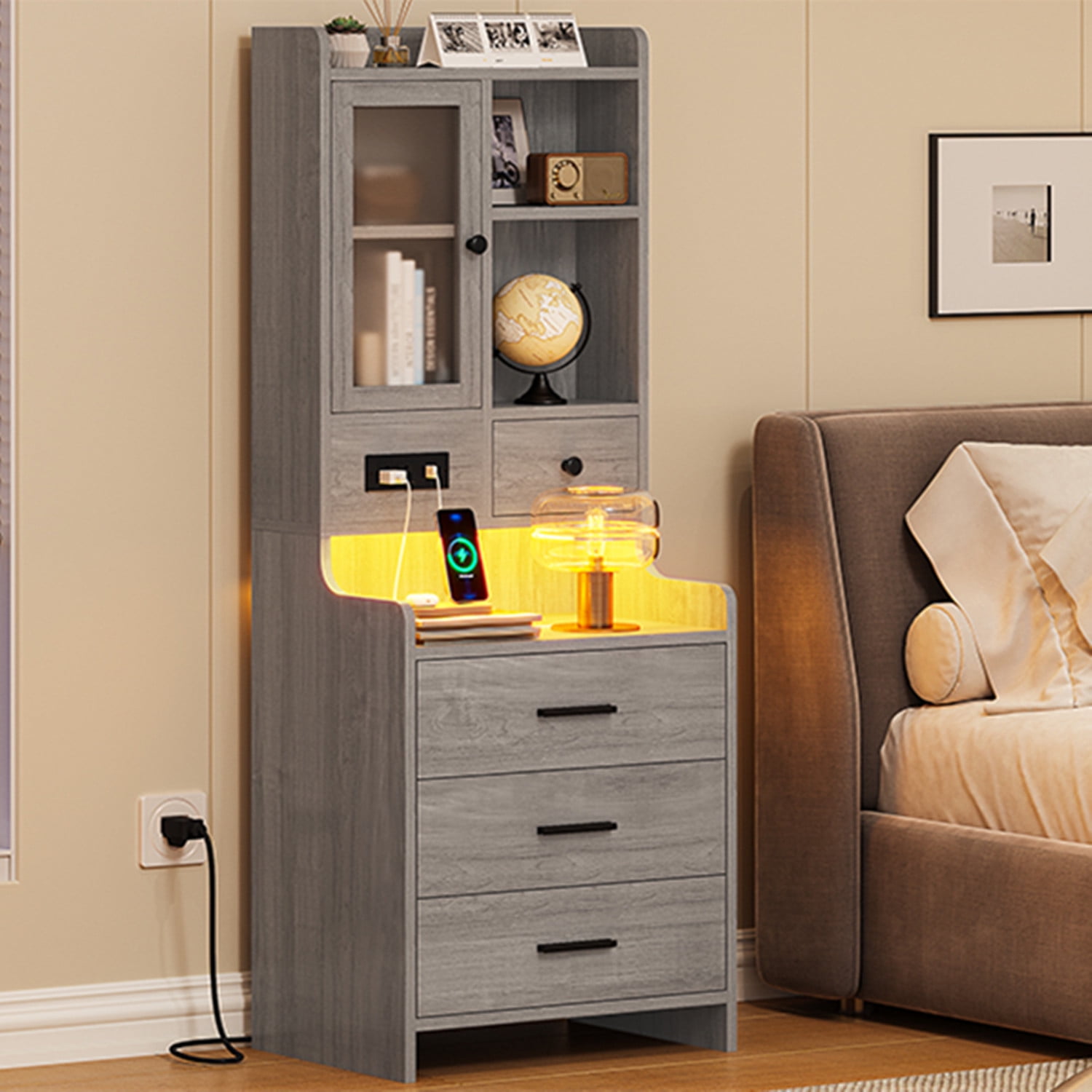 LED Nightstand with Charging Station and 3 Drawers, Grey Night Stand ...