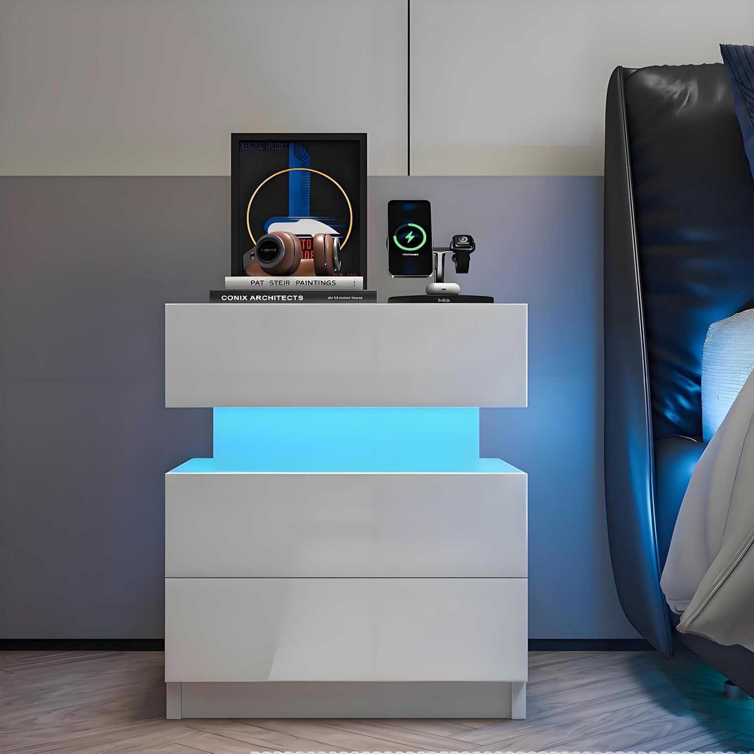 LED Nightstand with Flip Top,2 Drawers End Table with Adjustable Lights ...