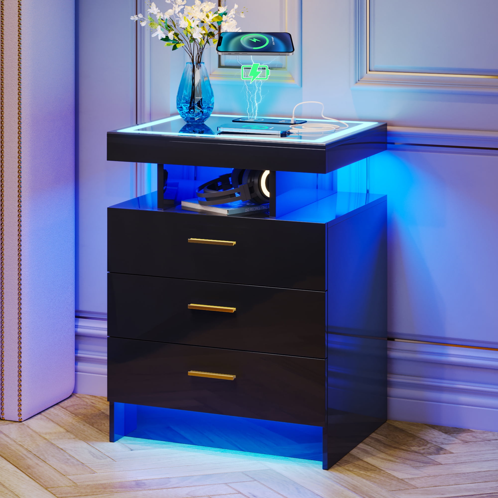 LED Nightstand with Wireless Charging Station, Auto Sensor 3 Color ...