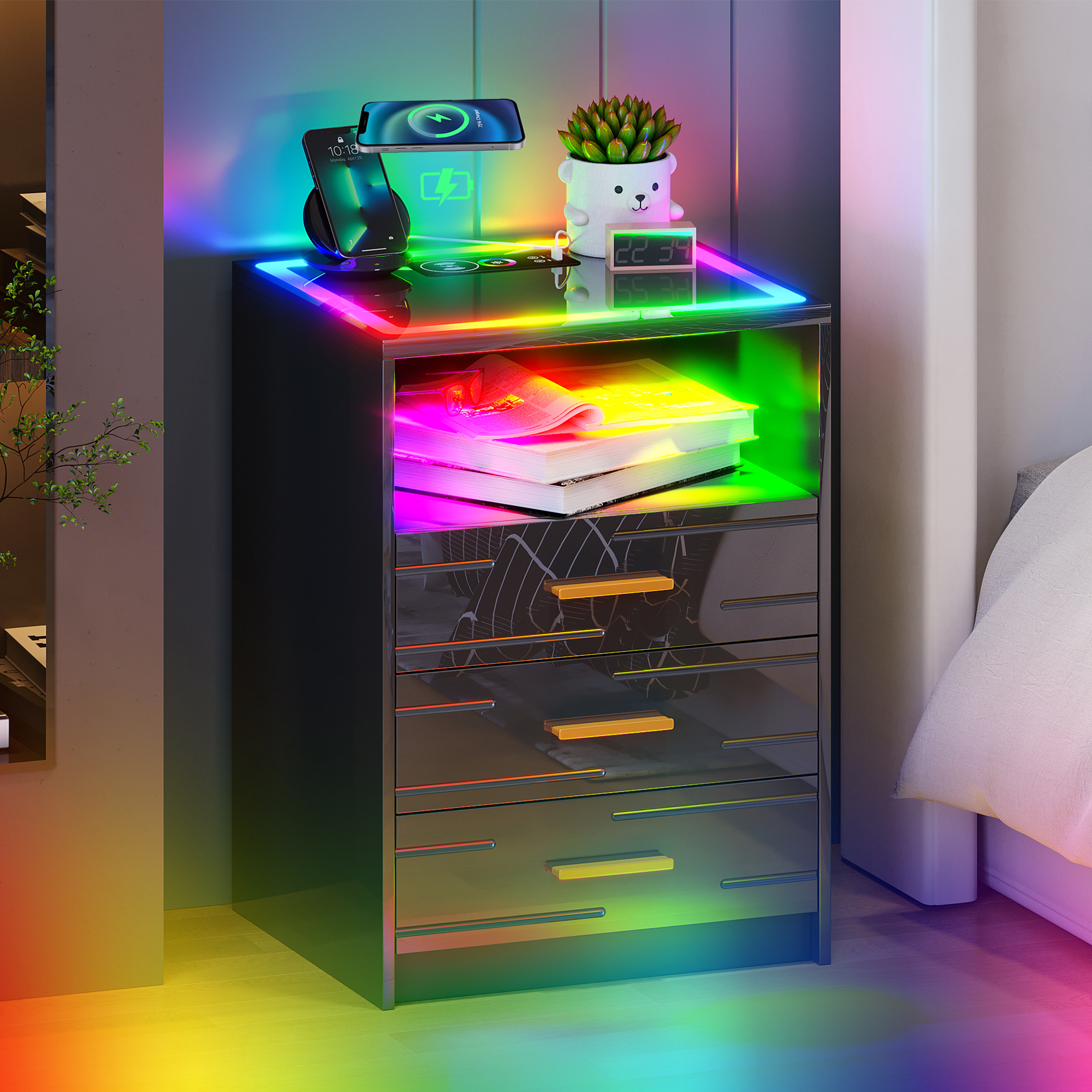 LED Nightstand with Wireless Charging Station and 24 Color Dimmable ...