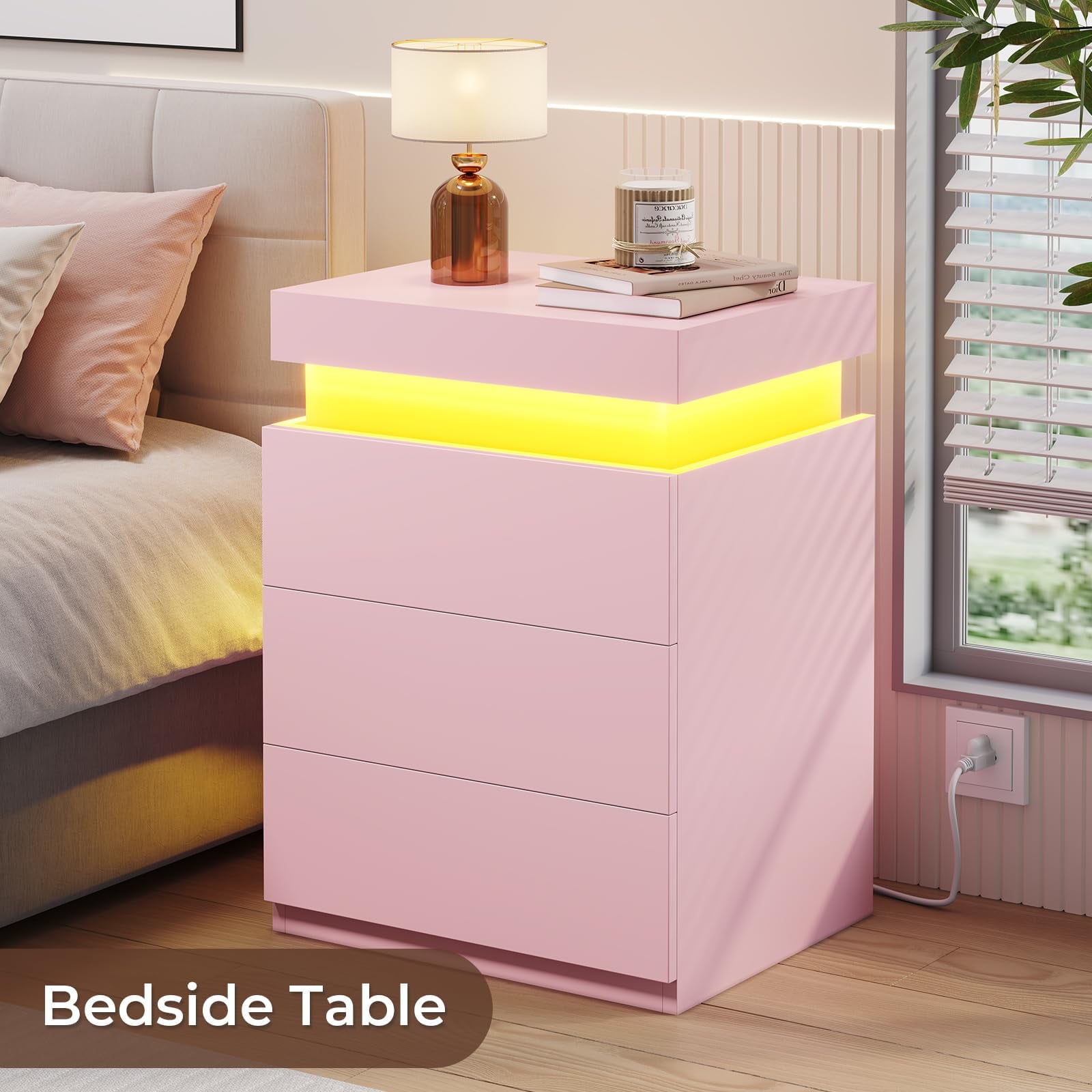 LED Nightstands with 3 Drawers for Bedrooms,Nightstand with Charging ...