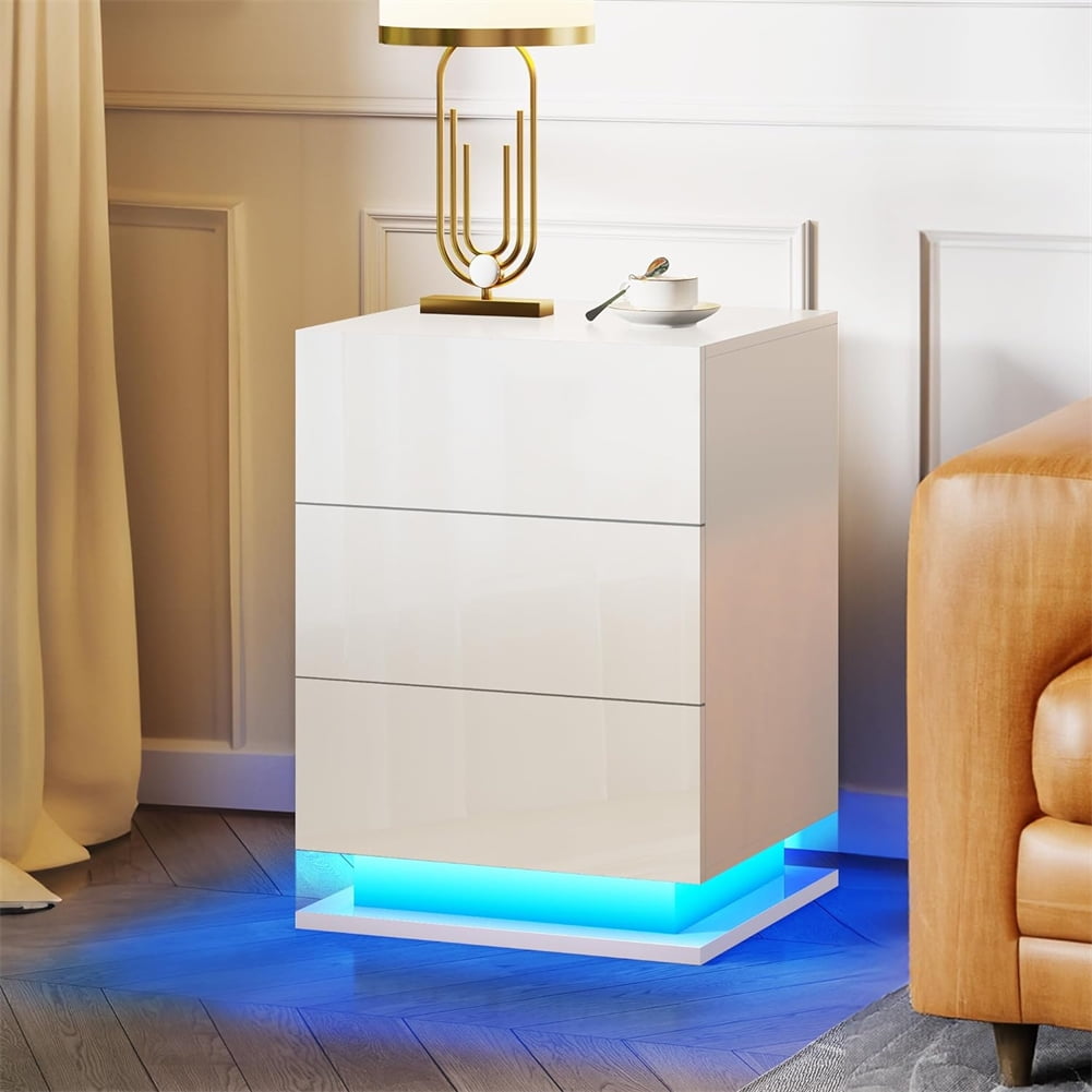 LED Nightstands Bedside Table With 3 Storage Drawers LED Lights Modern ...