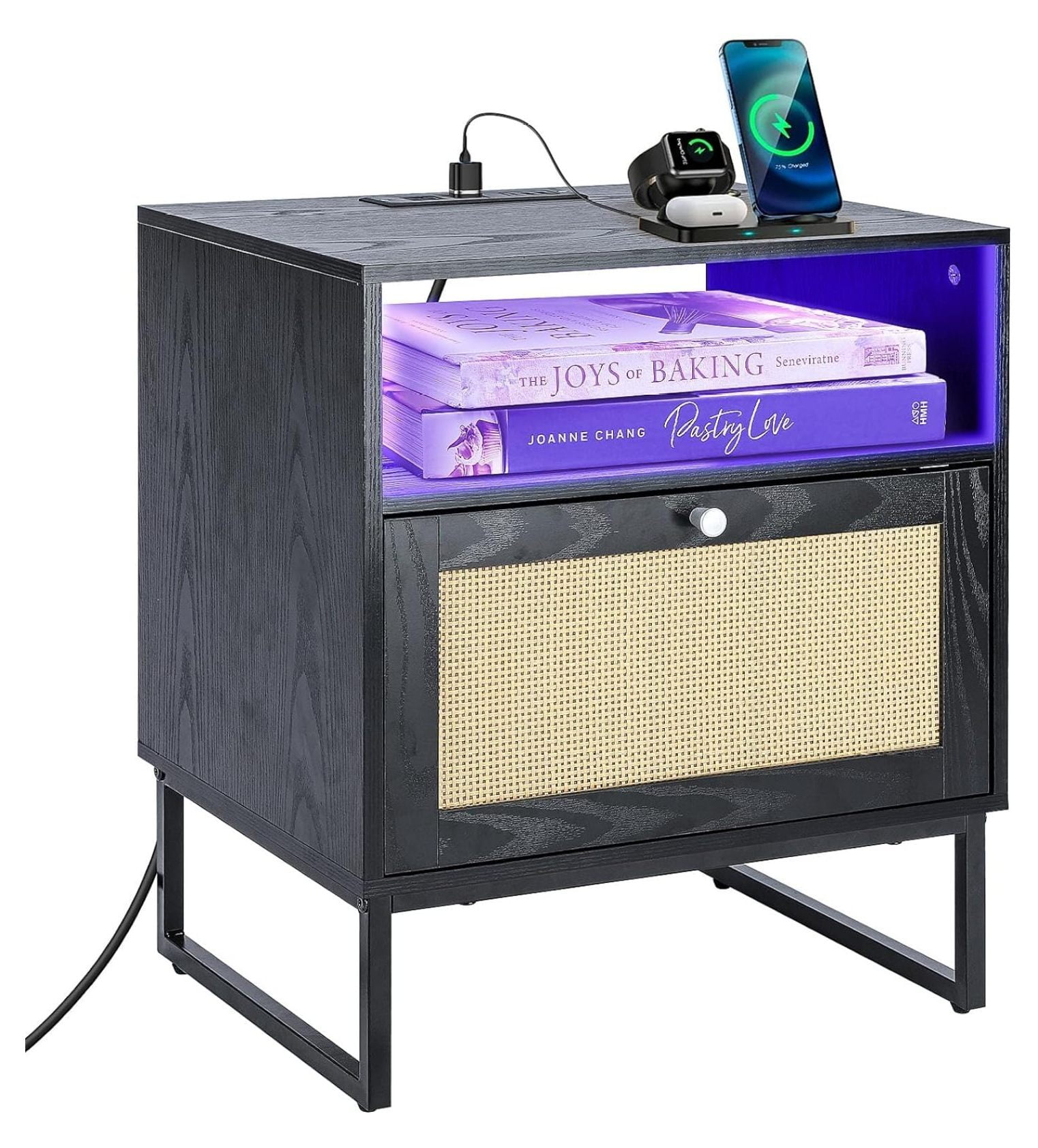 LED Nightstands, Boho Night Stand with Charging Station, Bedroom ...