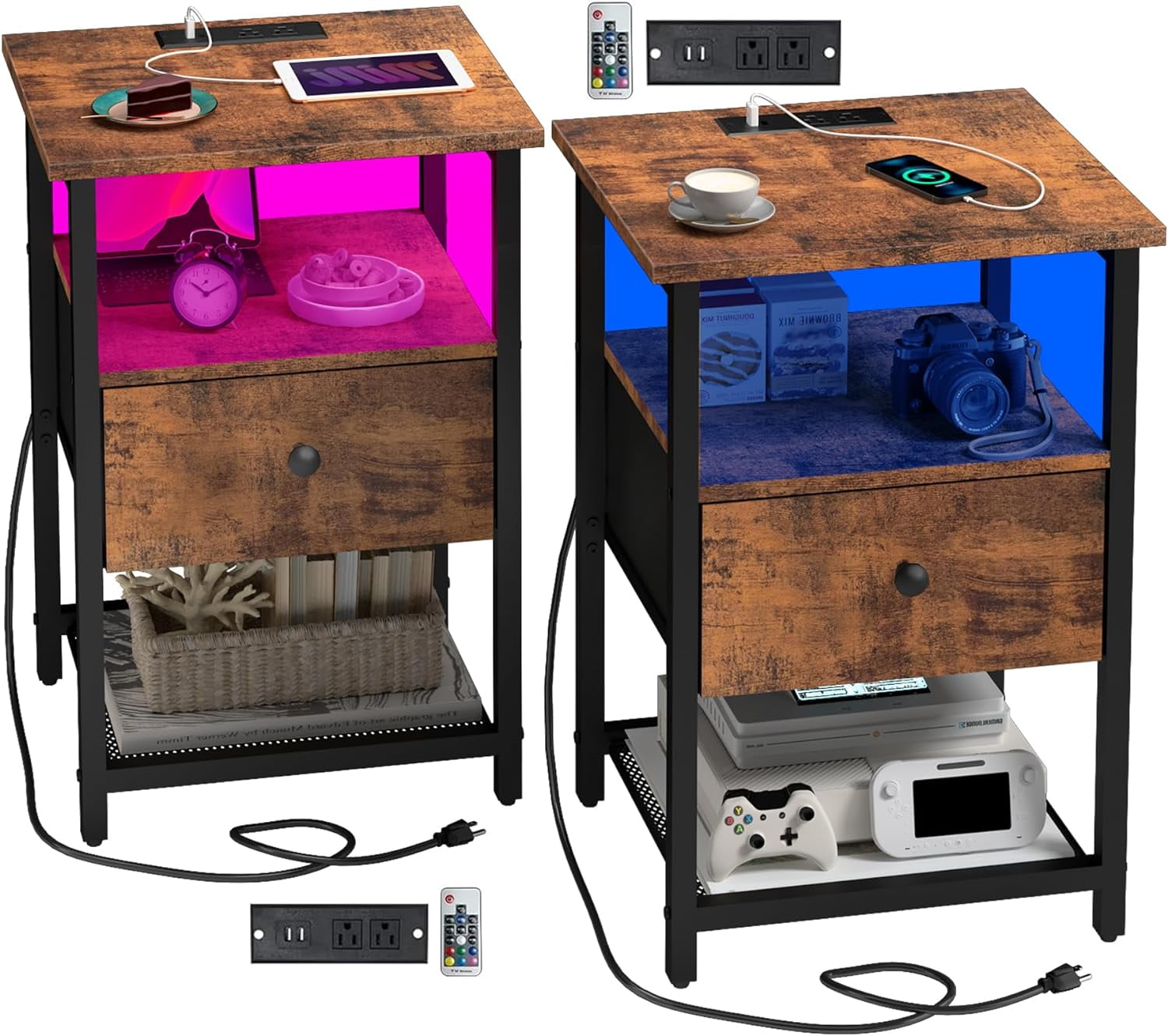 LED Nightstands Set of 2 with Charging Station, Bedside Tables with USB ...