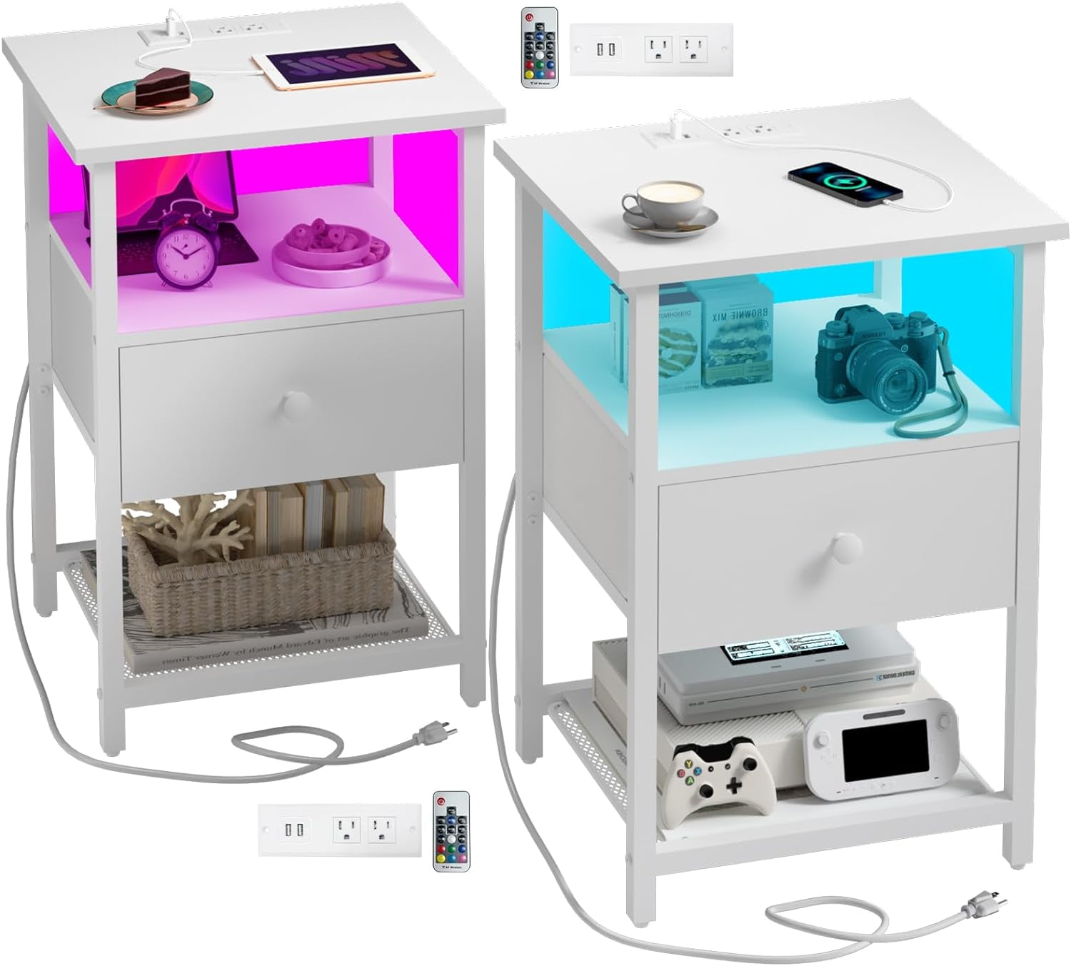 LED Nightstands Set of 2 with Charging Station, Bedside Tables with USB ...