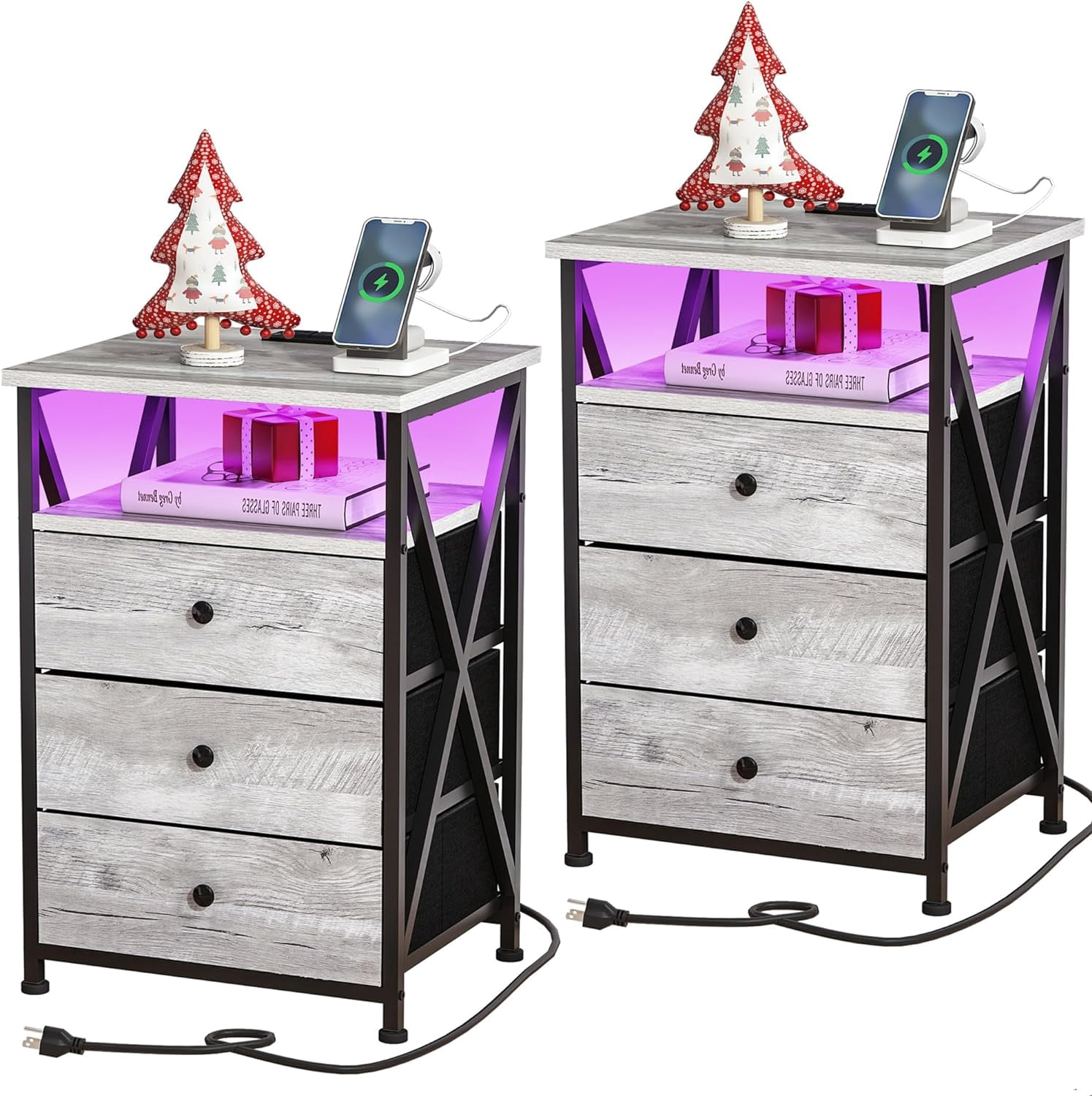 LED Nightstands Set of 2 with Charging Station, Wood End Side Tables ...