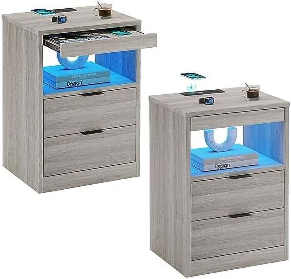 LED Nightstands Set of 2, Grey Nightstand with Wireless Charging ...