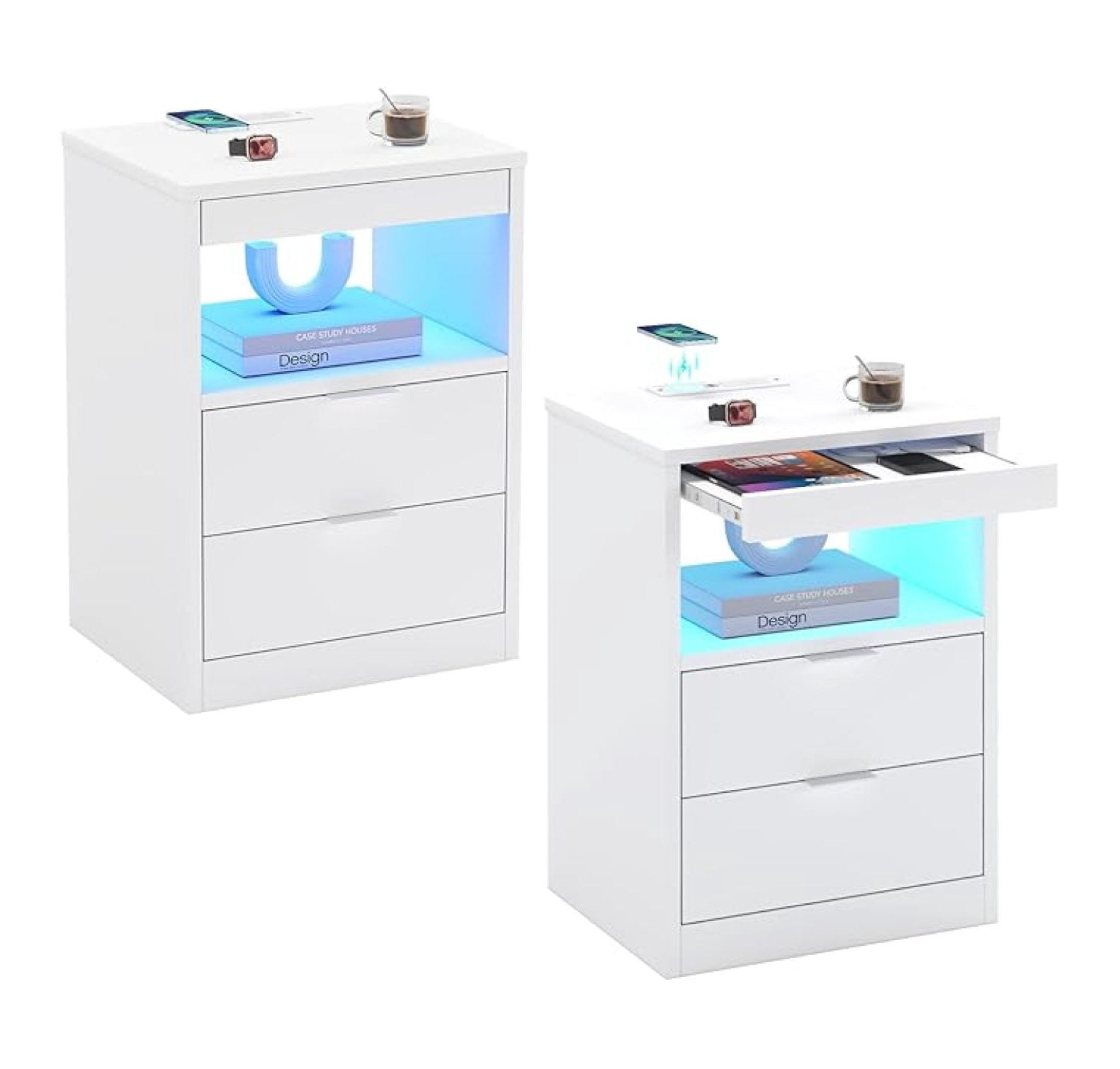 LED Nightstands Set of 2, White Bedside Tables with Wireless Charging ...