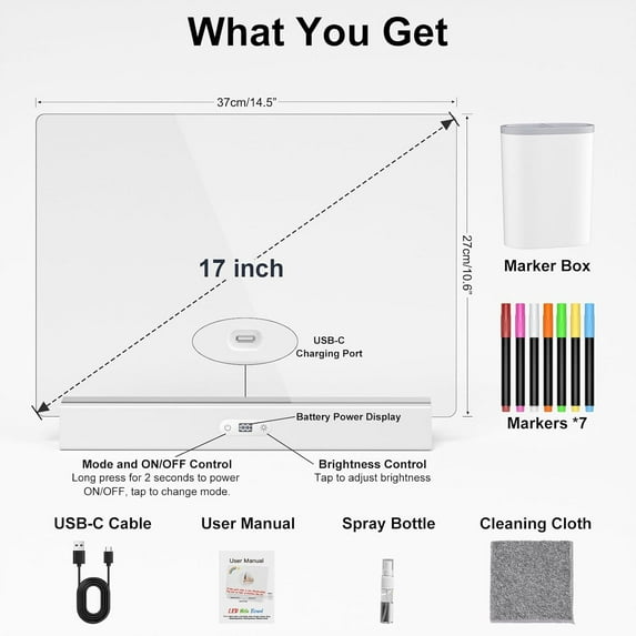 LED Note Board with Colors, Rechargeable 17-Inch Doodle Glow 9-Mode ...