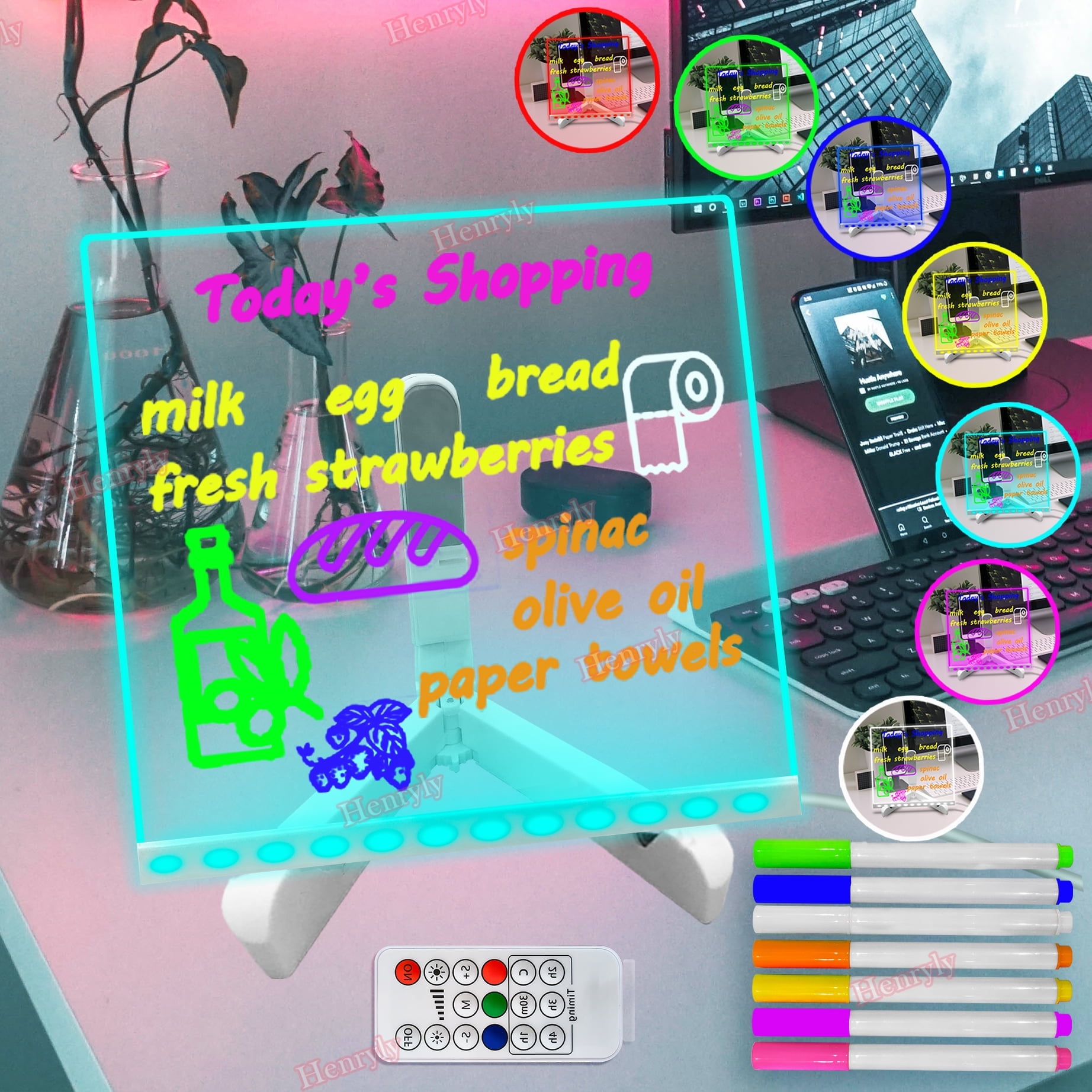 LED Note Board with Remote Control,7 Colors Change 7.9 x 7.9” LED ...