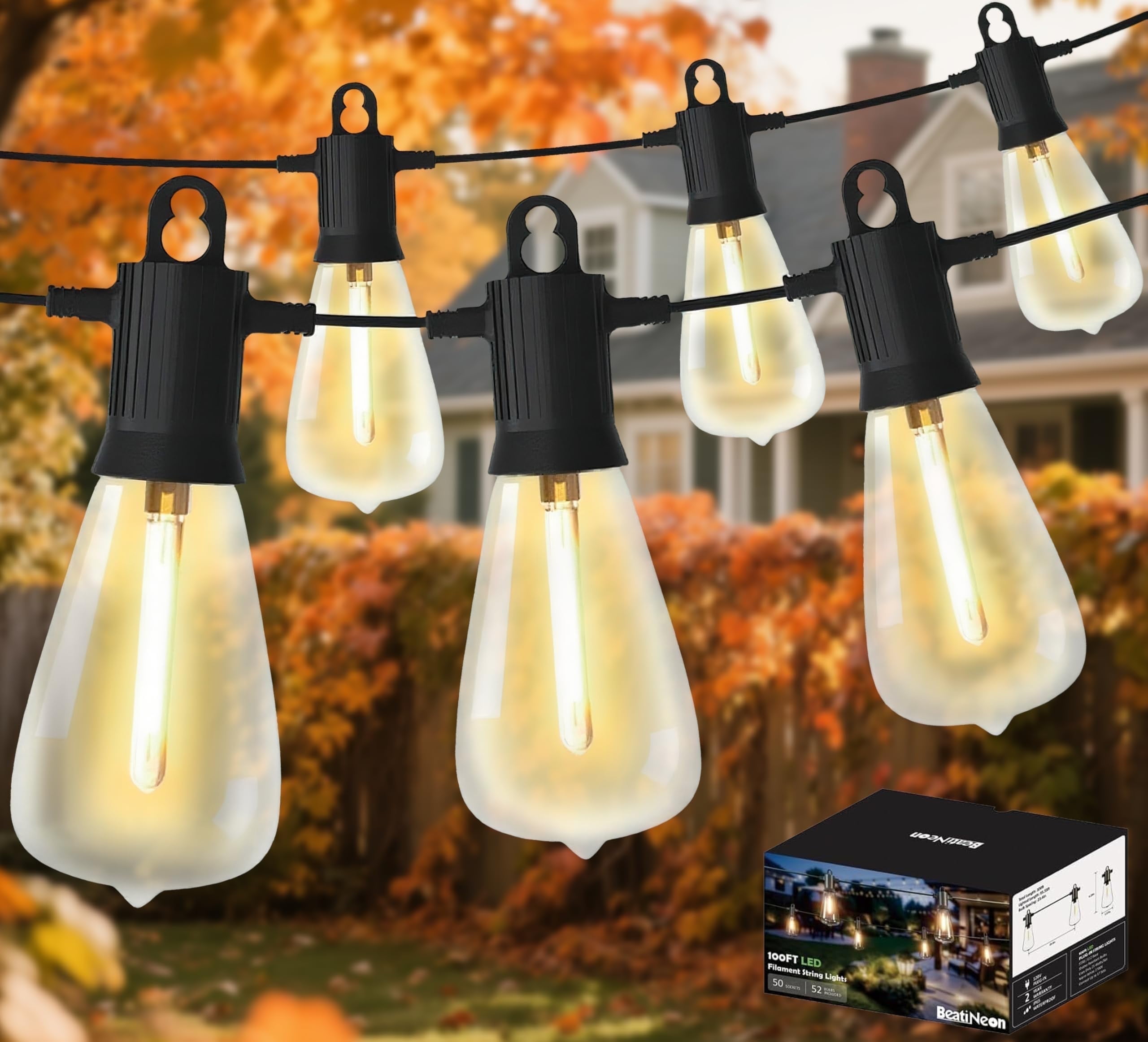Beatineon Outdoor LED String Lights, 100FT, 52 Shatterproof Dim ST38 ...