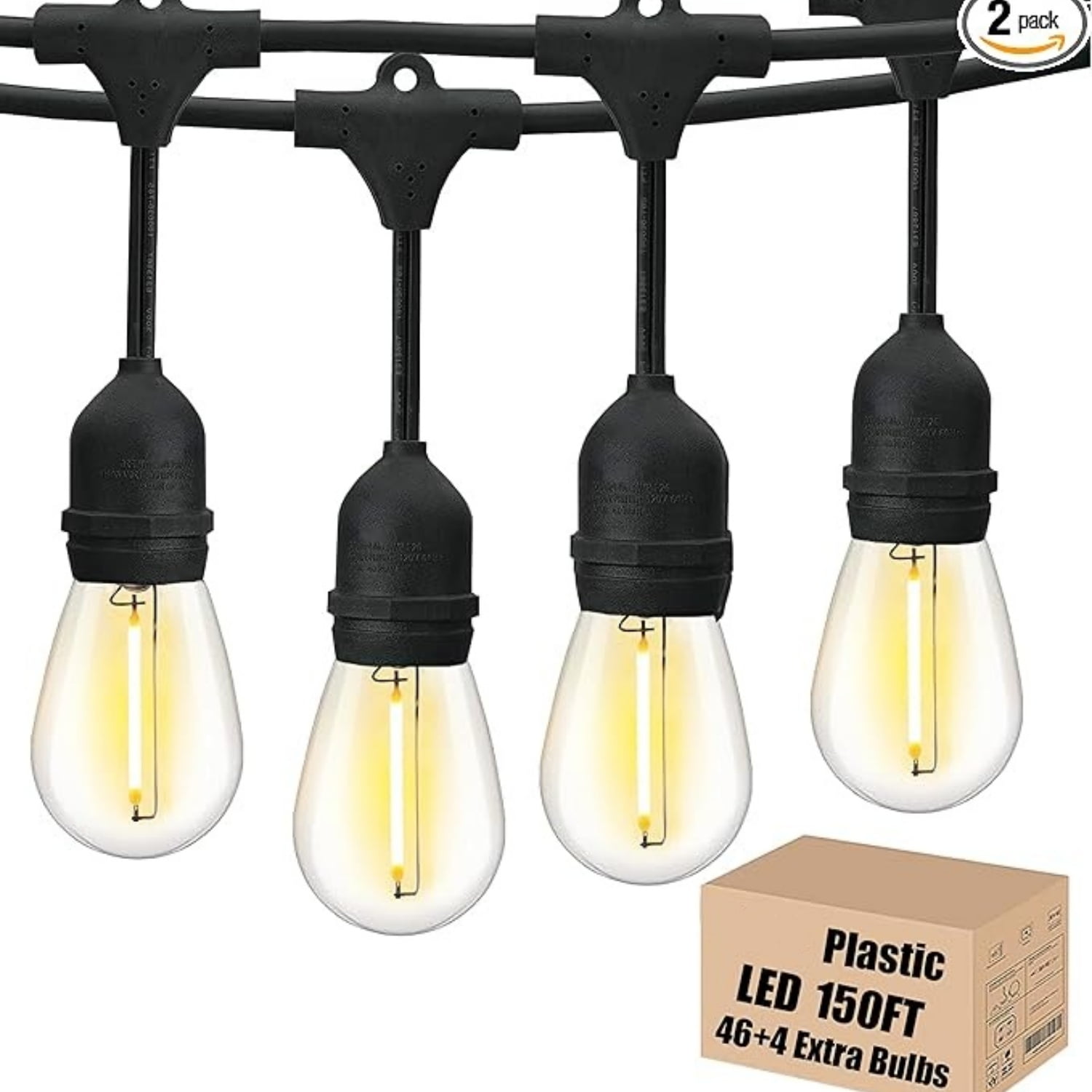 LED Outdoor String Lights 150FT,Shatterproof IP65 2 Pack x 75Ft Patio ...