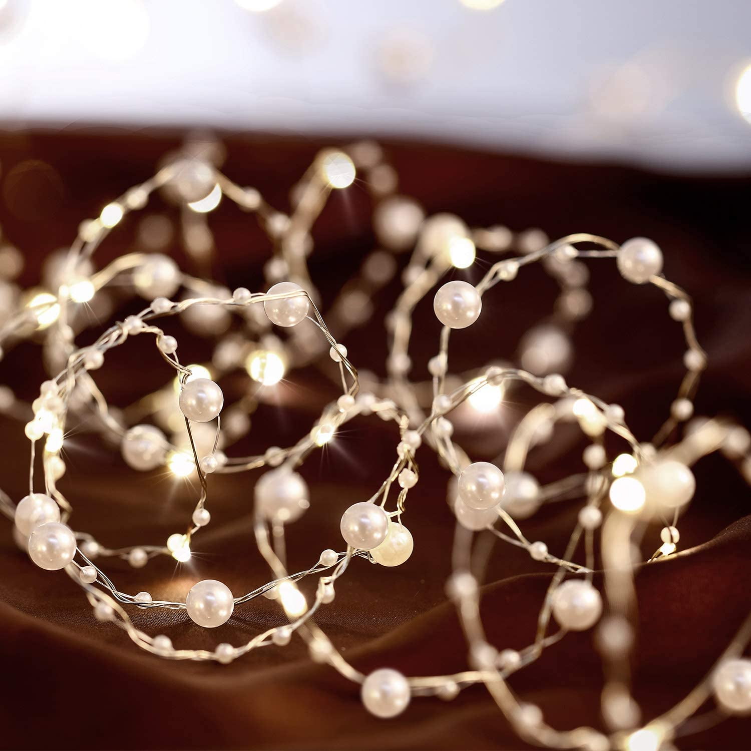 LED Pearl Beads String Lights, Battery Powered Pearls Garland Fairy ...