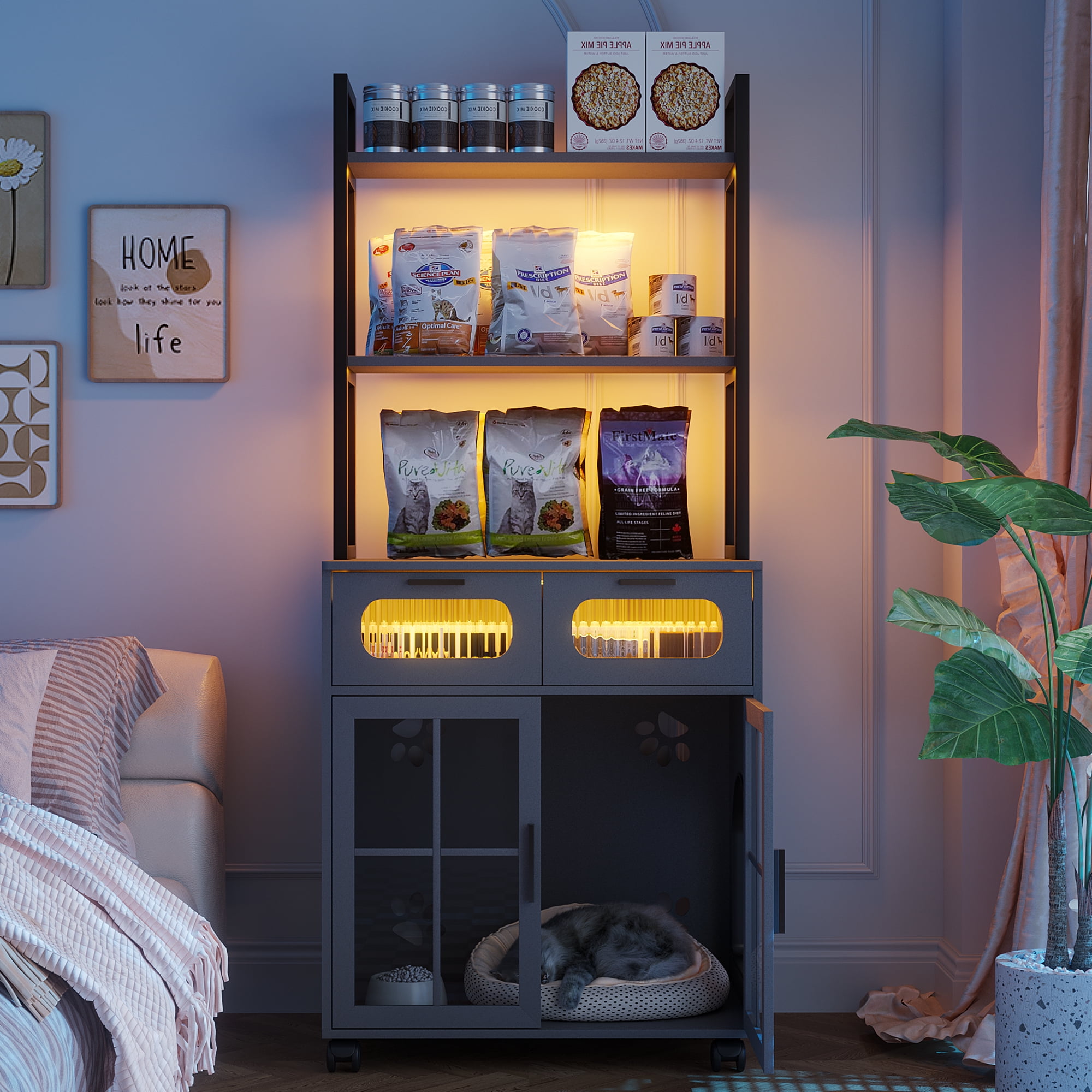 LED Pet Storage Cabinet with Shelves and Doors,3 Color Dimmable Hidden ...